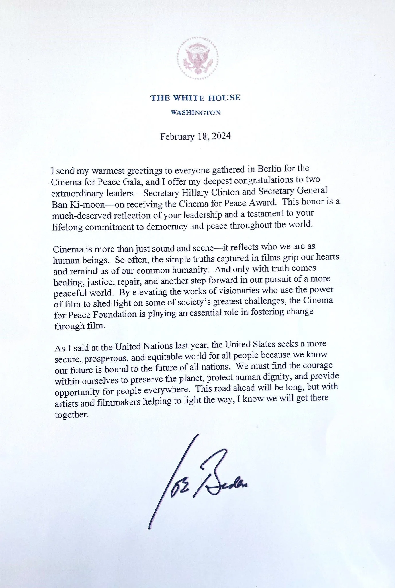 President Joe Biden - Letter — The World Forum