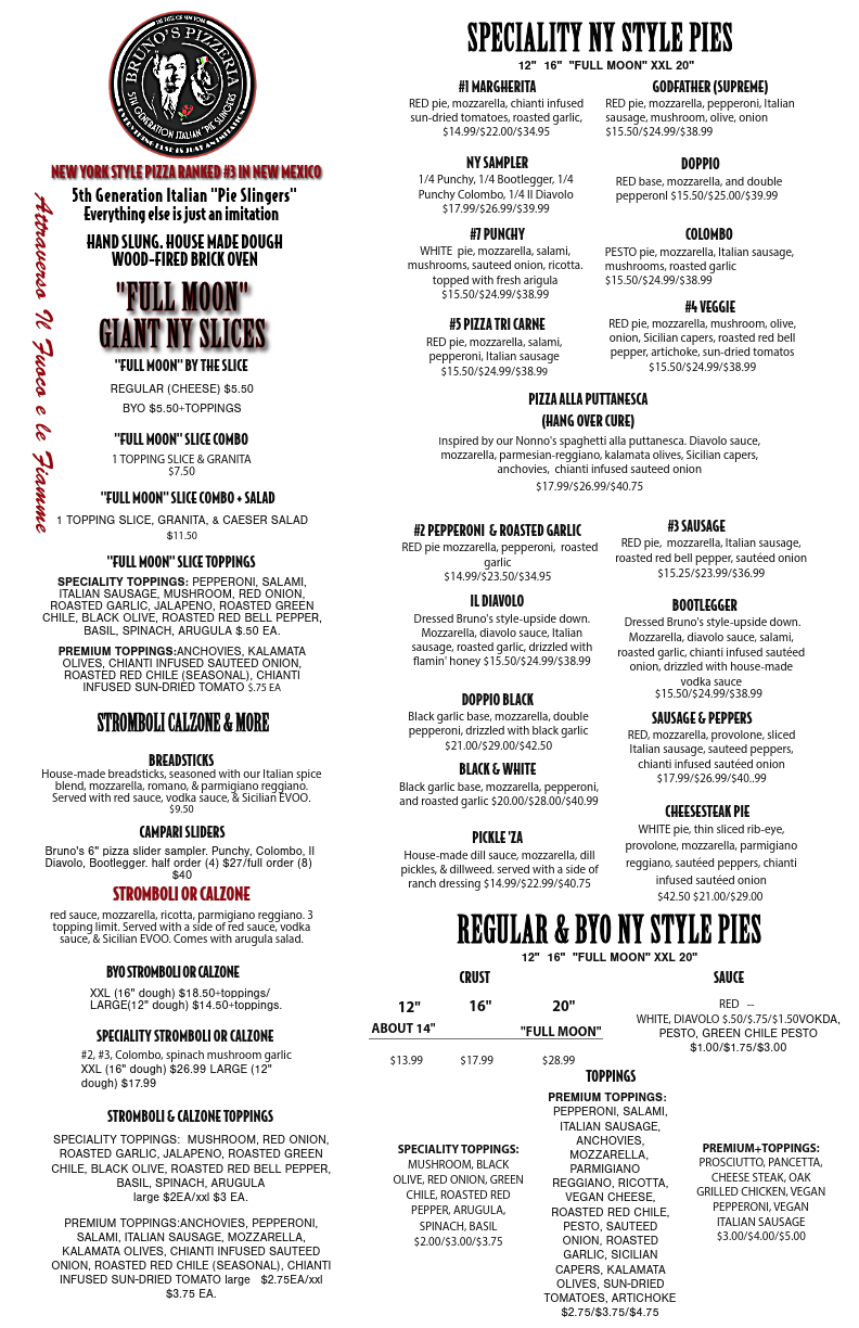 Menus | Order | Bruno's Pizzeria | Punchy'Z Pizza | New York Style ...