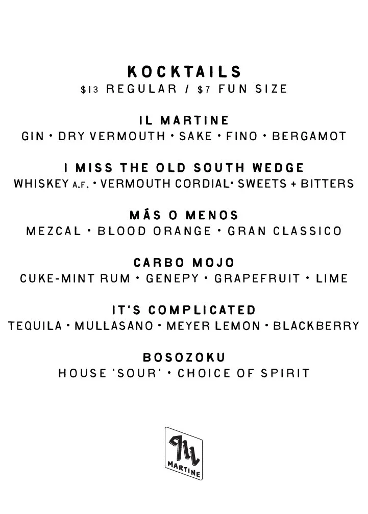 Menus — martine kocktails / 647 south ave / sounds kool