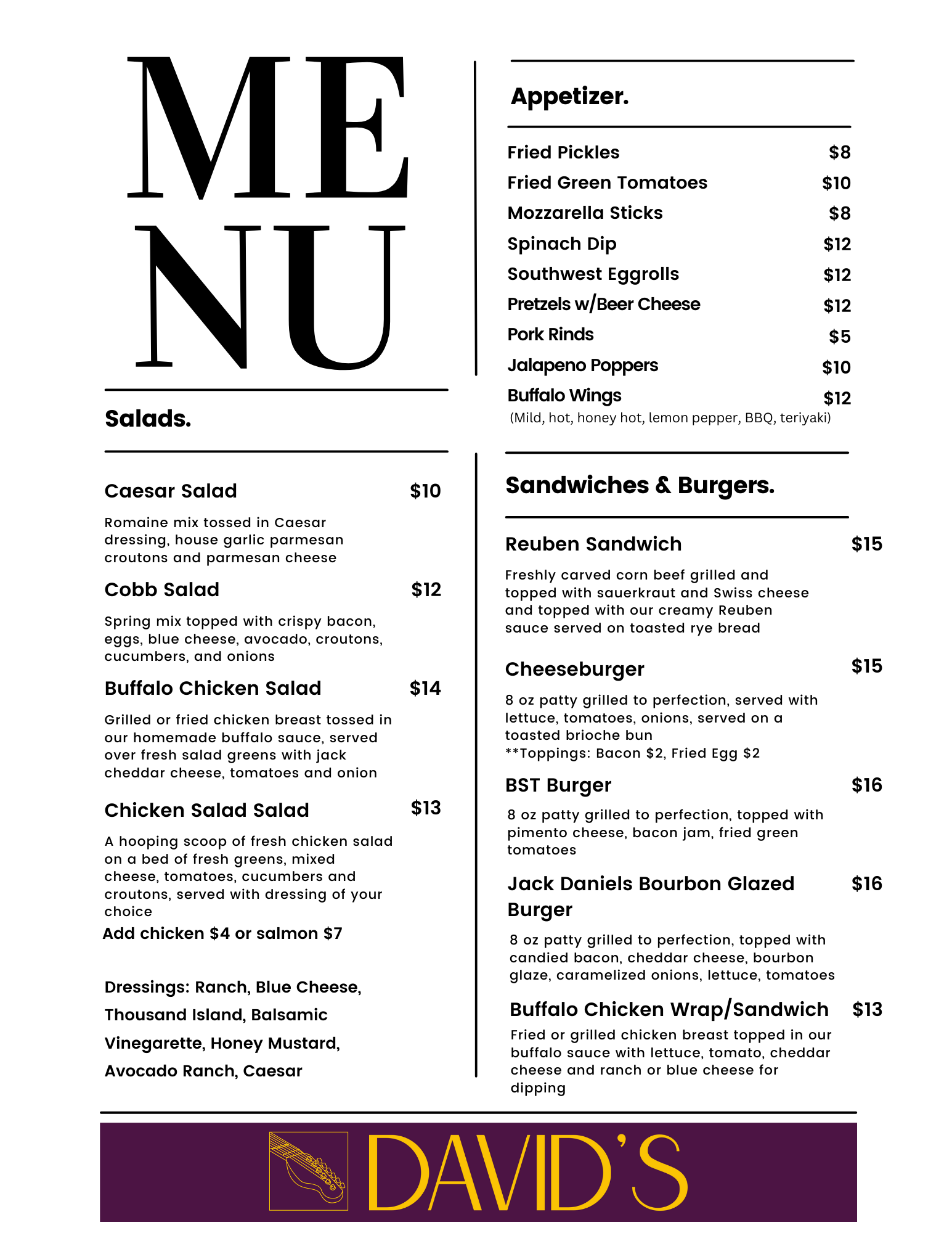 Menu — David's 105 Listening Room
