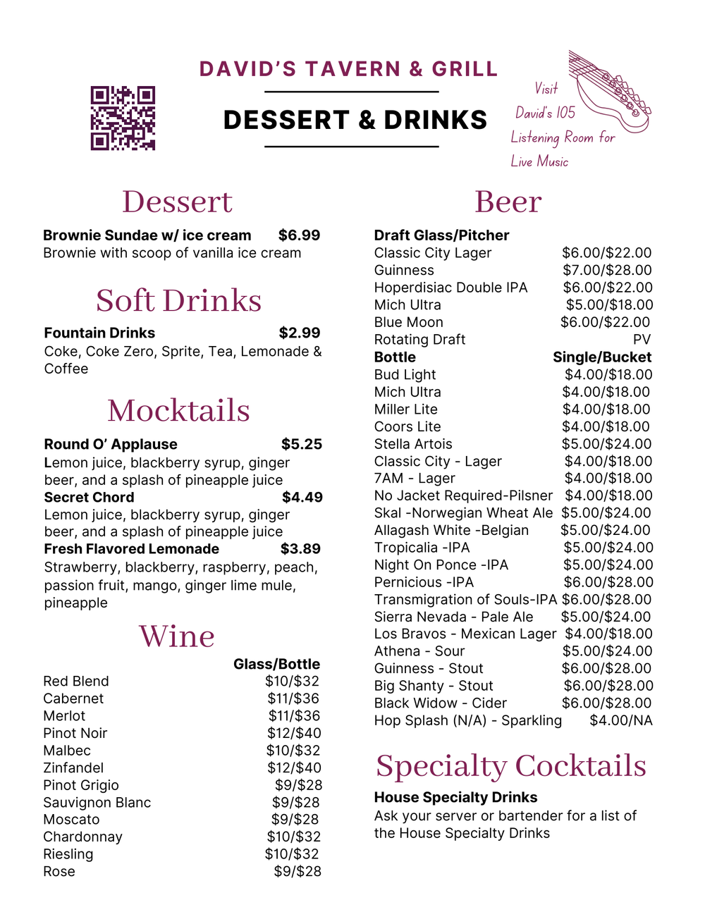 Menu — David's 105 Listening Room