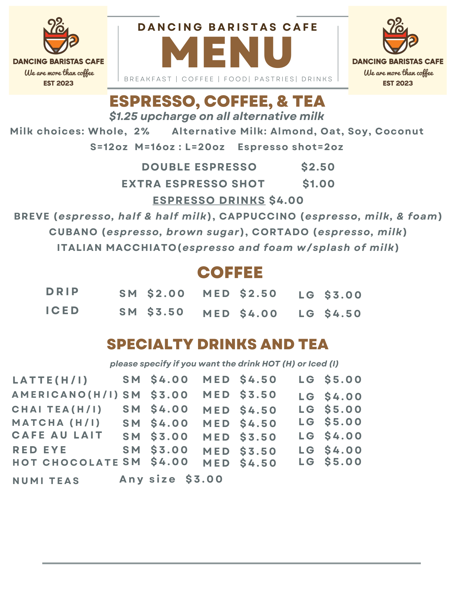 Menu 1 — Dancing Baristas Cafe