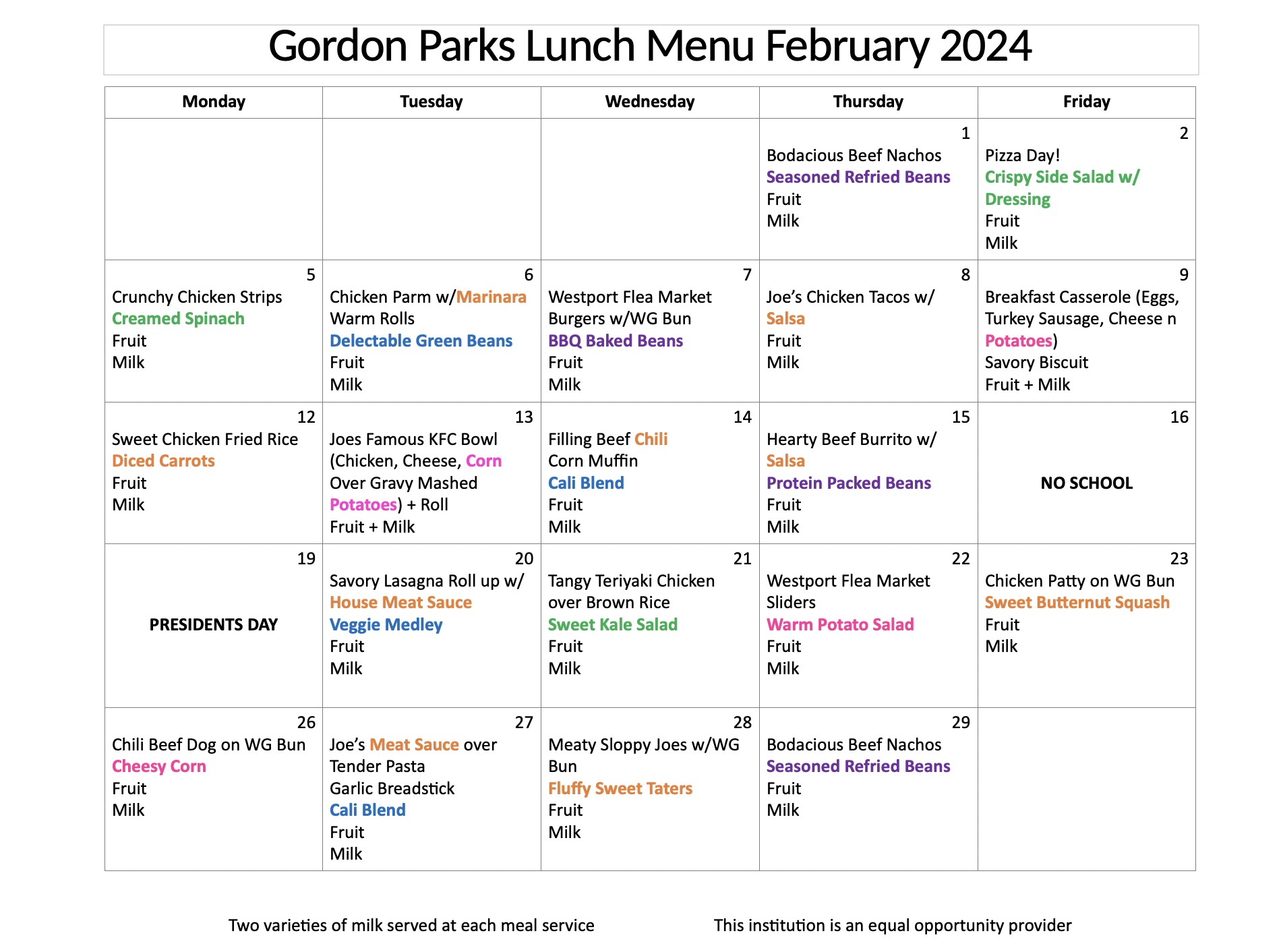 Menu — Gordon Parks Elementary School