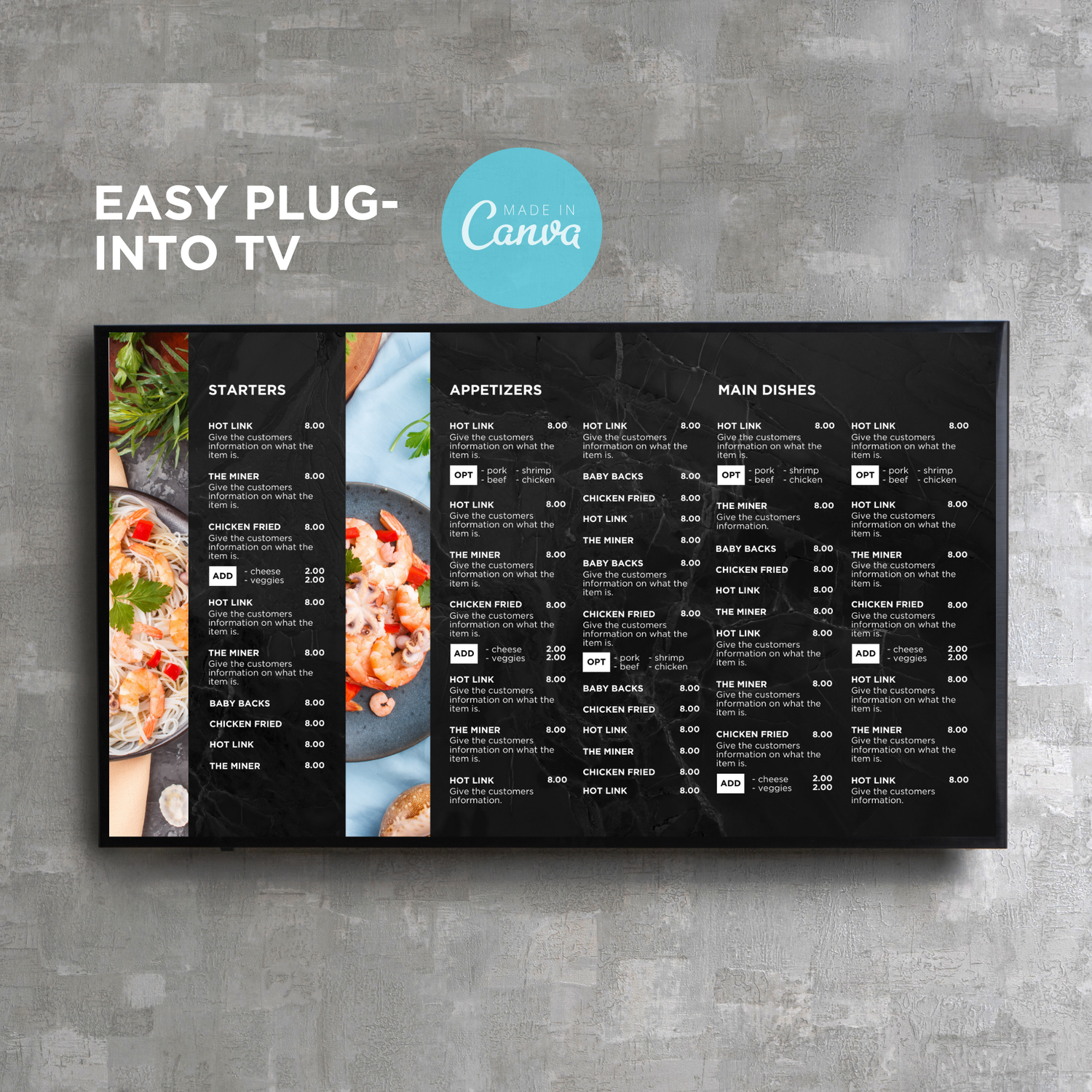 Digital TV Menu Board, Dine-in menu and Takeout Canva Template ...