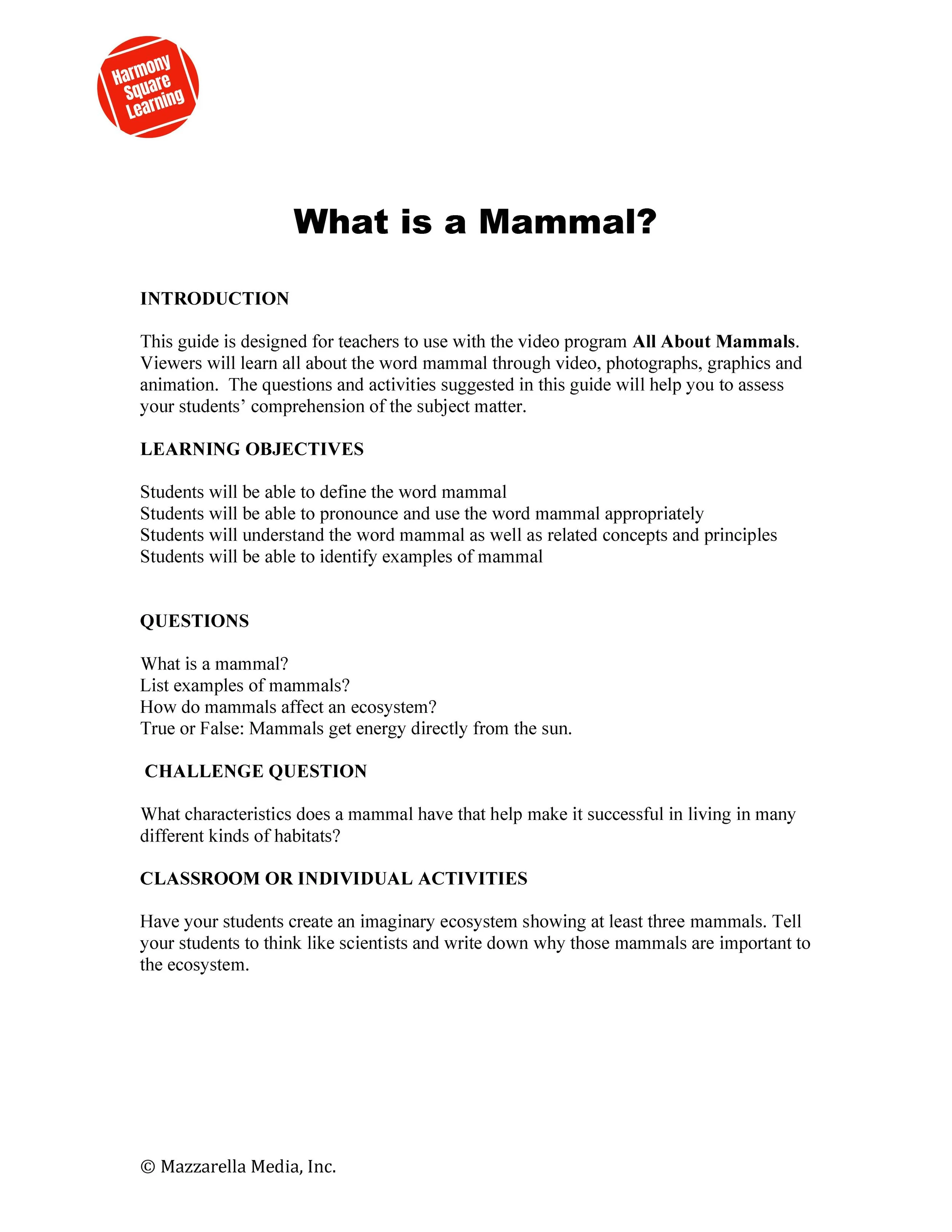 What is a Mammal — Lumina Learning