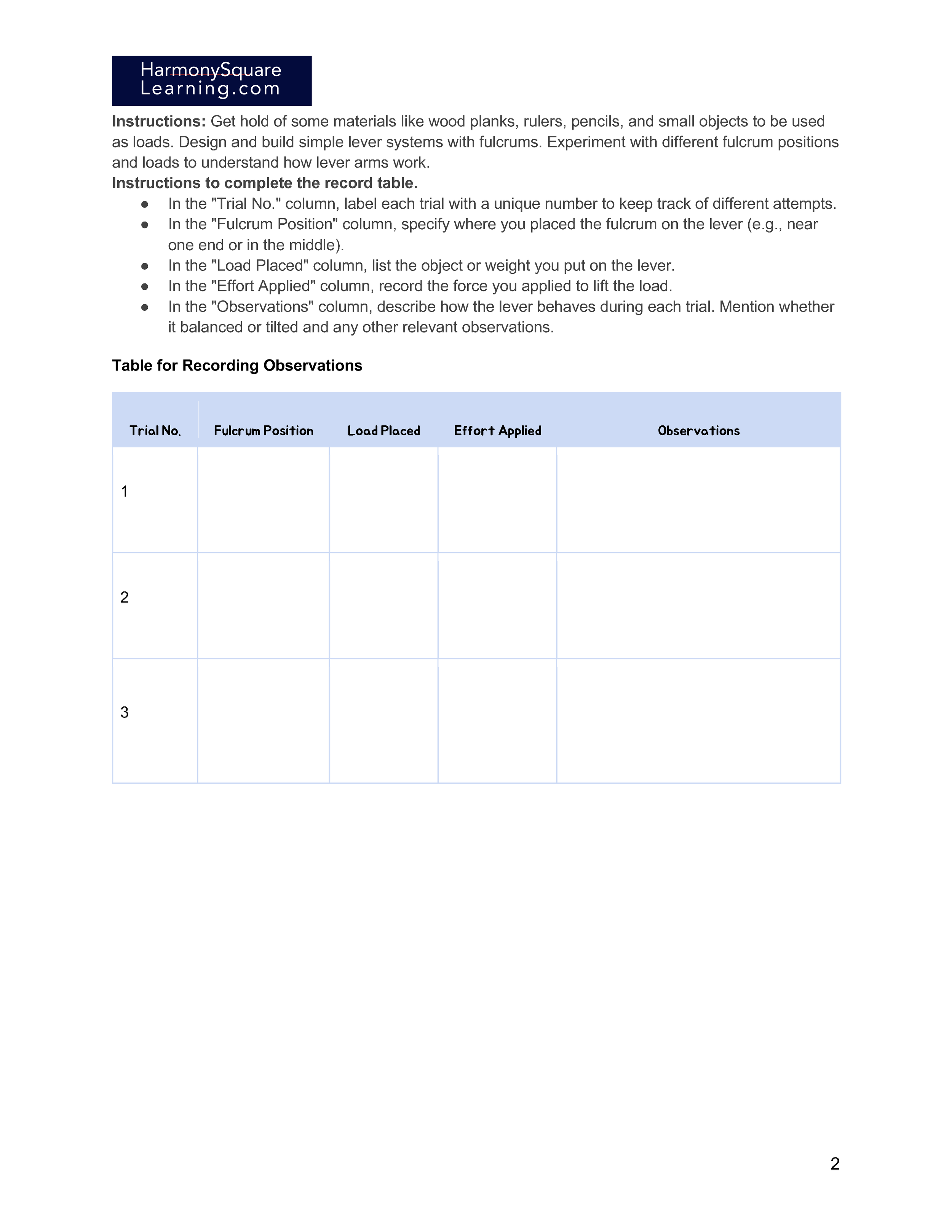 'What is a fulcrum' worksheet — Harmony Square Learning