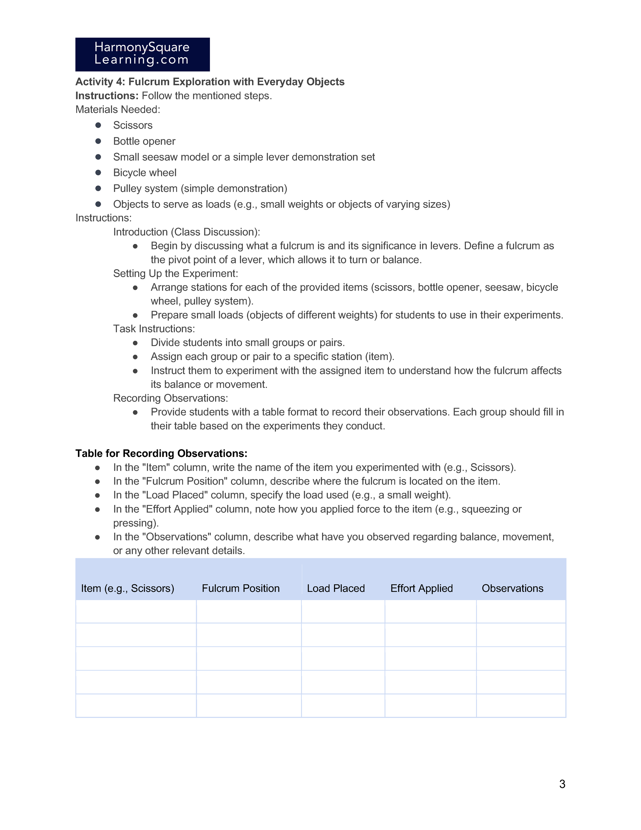 'What is a fulcrum' worksheet — Harmony Square Learning