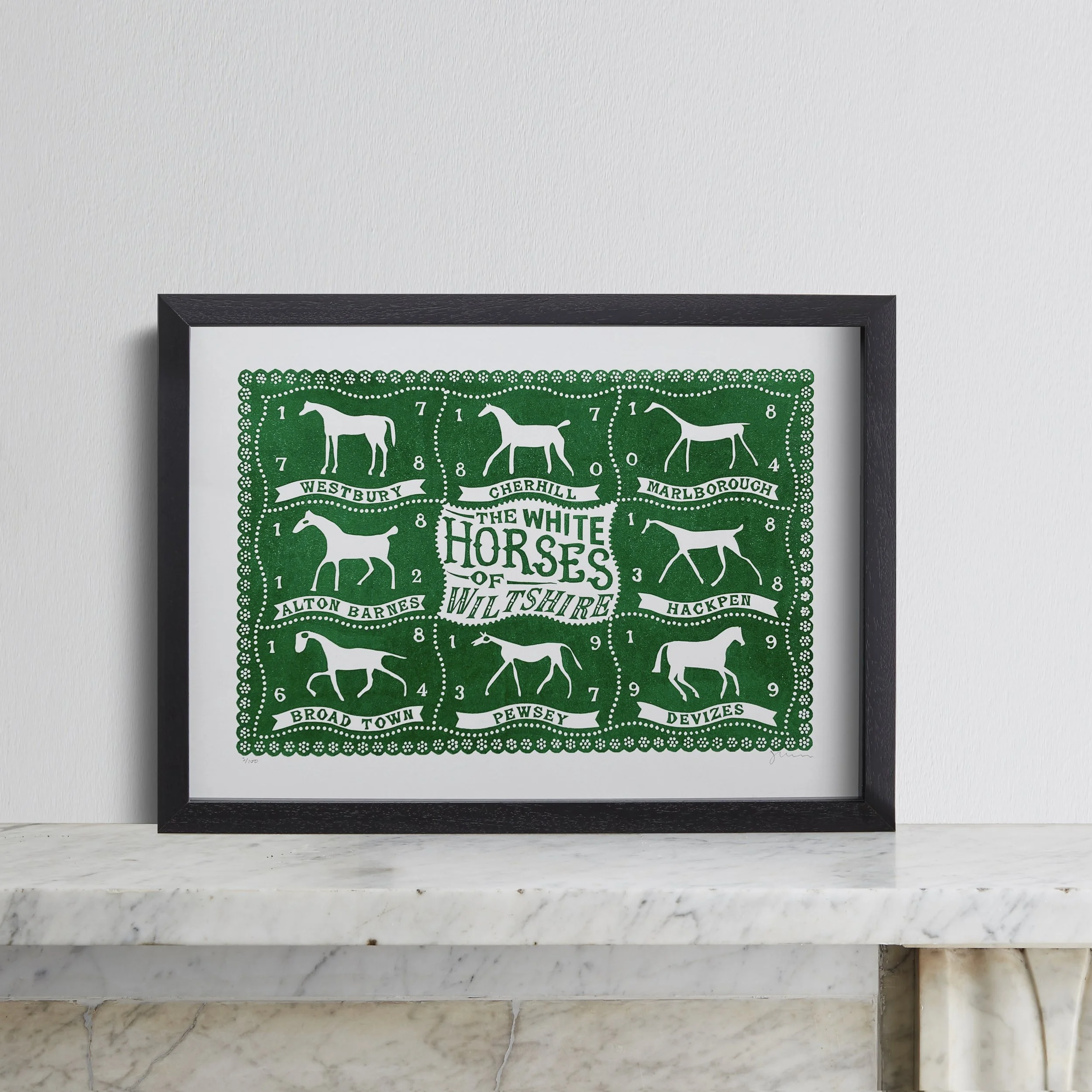 'The White Horses of Wiltshire' Linocut by James Brown — James Brown