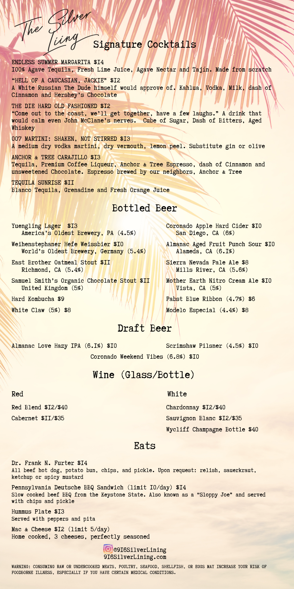 Menu — The Silver Lining Piano Bar, Midtown Sacramento