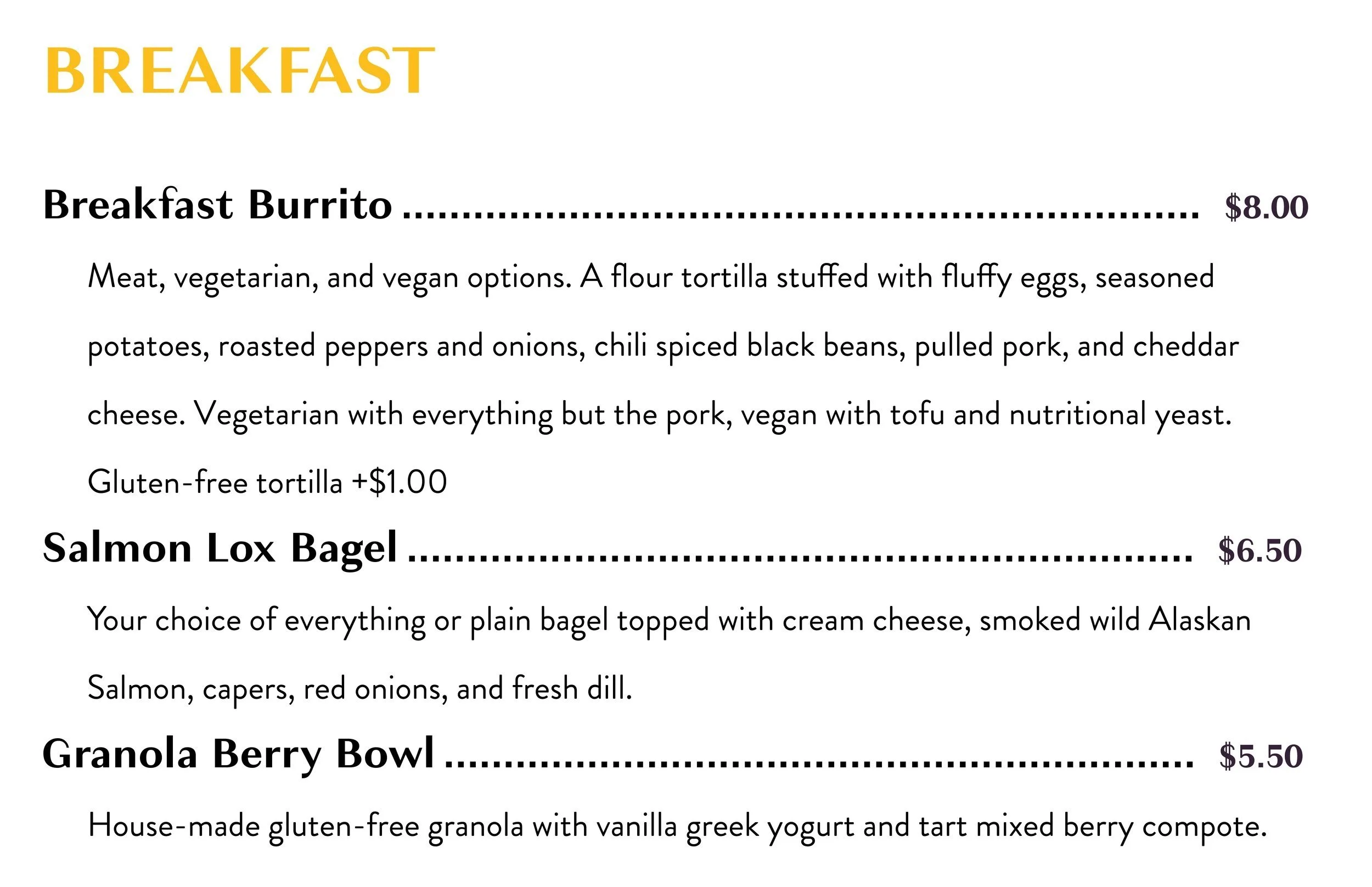 Food Menu — One World Cafe