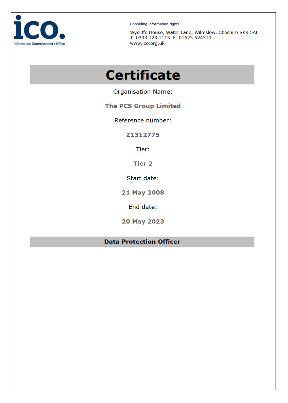 ICO Registration Certificate — The PCS Group