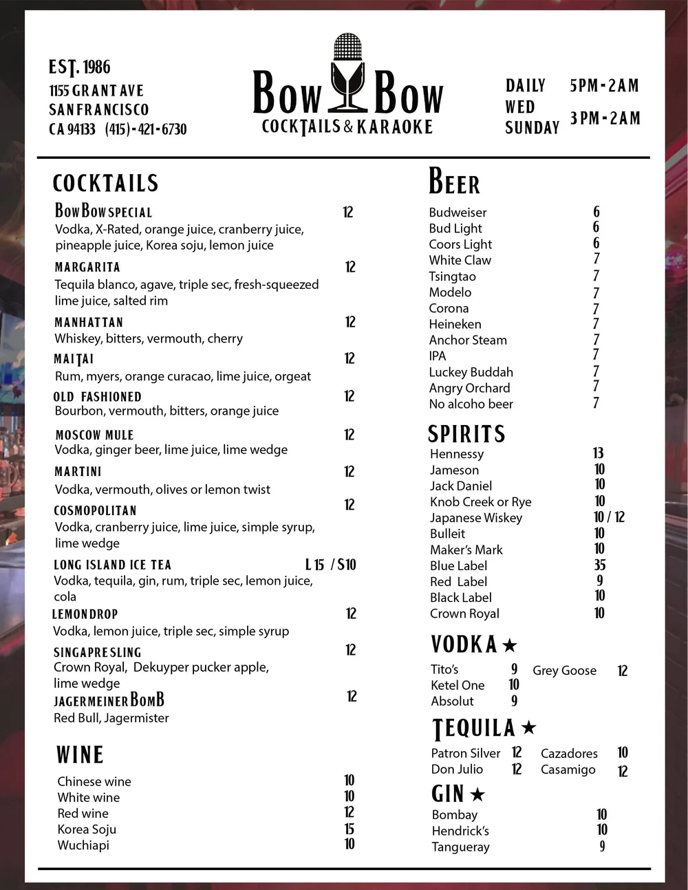 Menu 1 — BOW BOW Cocktail LOUNGE | SF