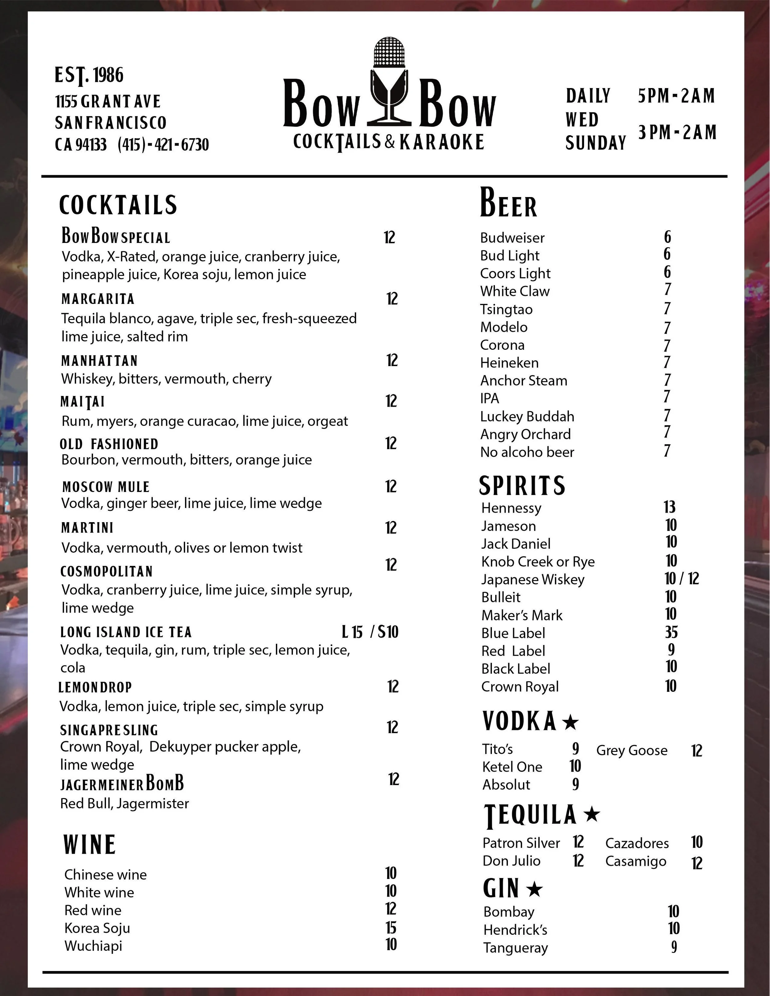 Menu 1 — BOW BOW Cocktail LOUNGE | SF