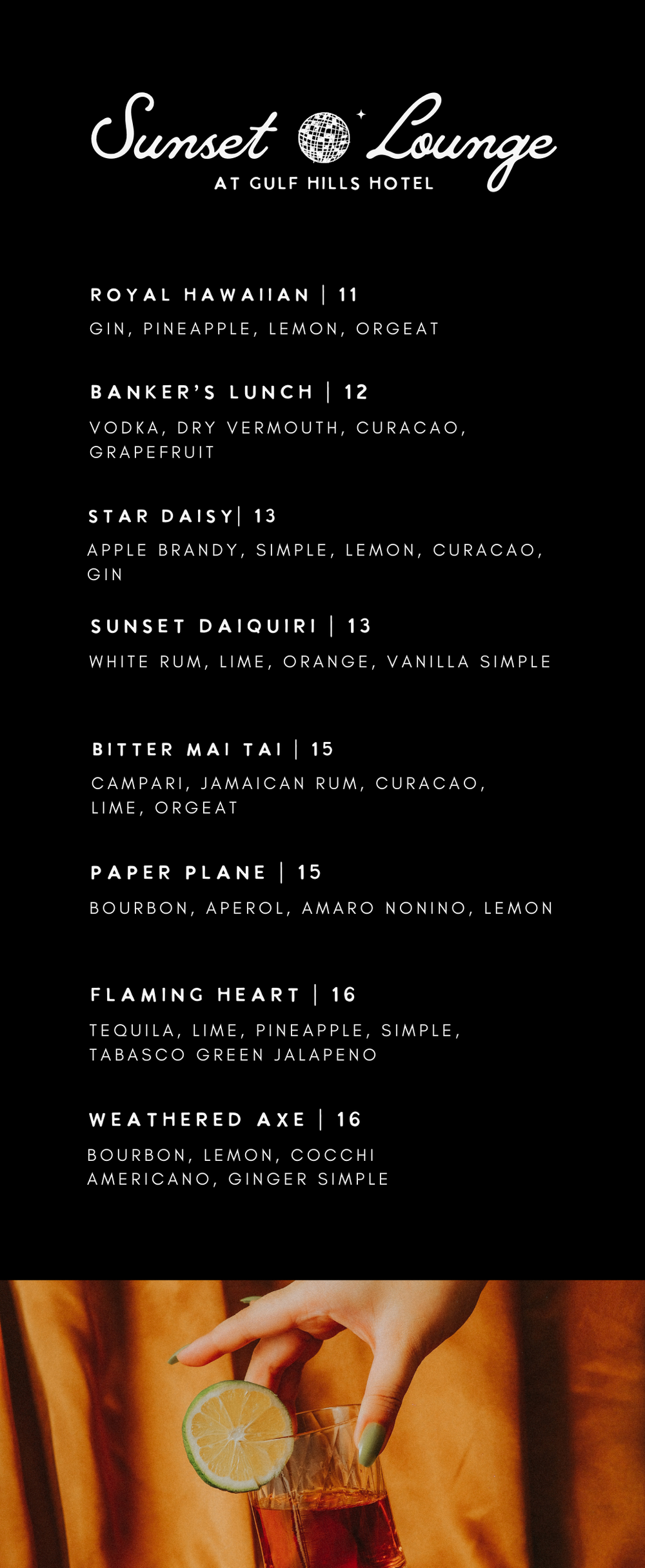 Sunset Lounge Menu — Gulf Hills Hotel + Resort