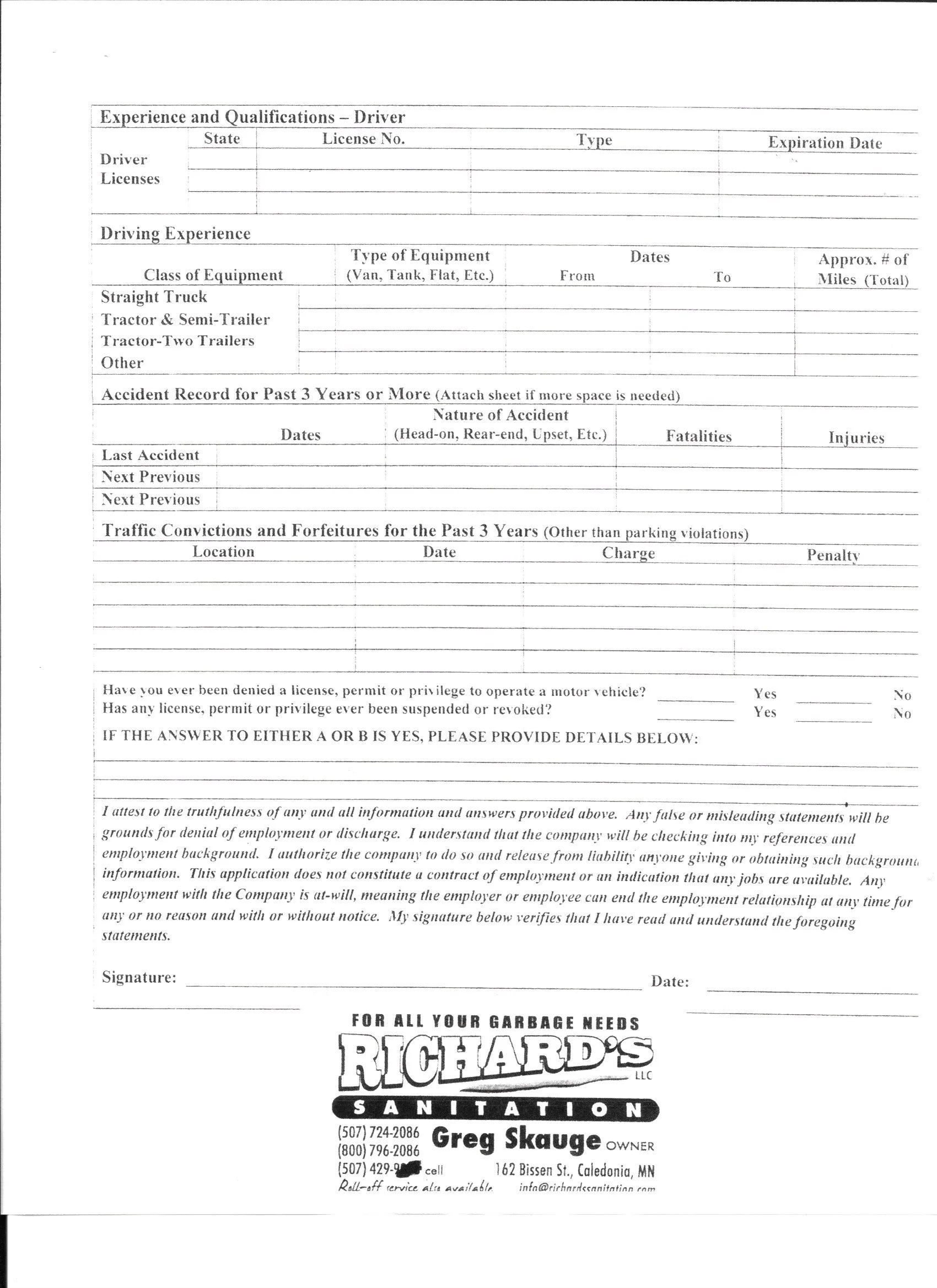 Job Application — Richard's Sanitation