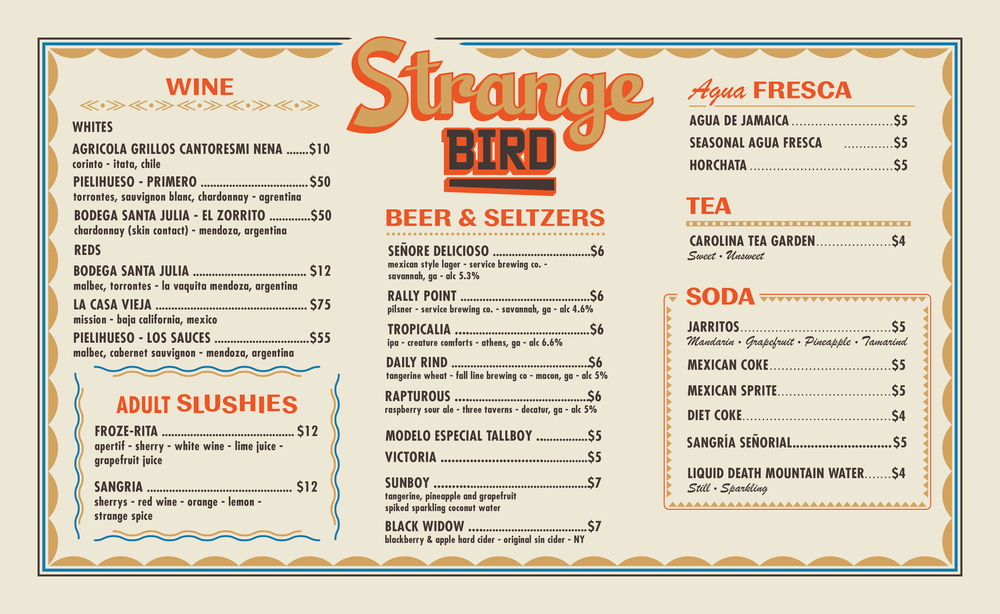MENU — STRANGEBIRD SAVANNAH