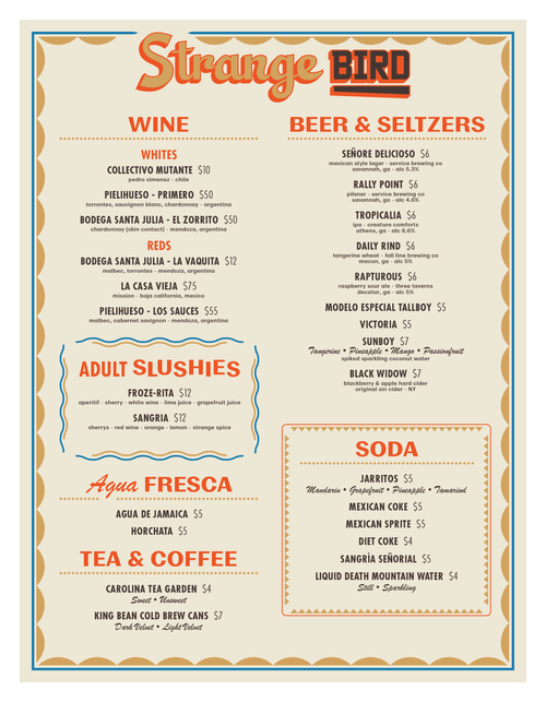 MENU — STRANGEBIRD SAVANNAH