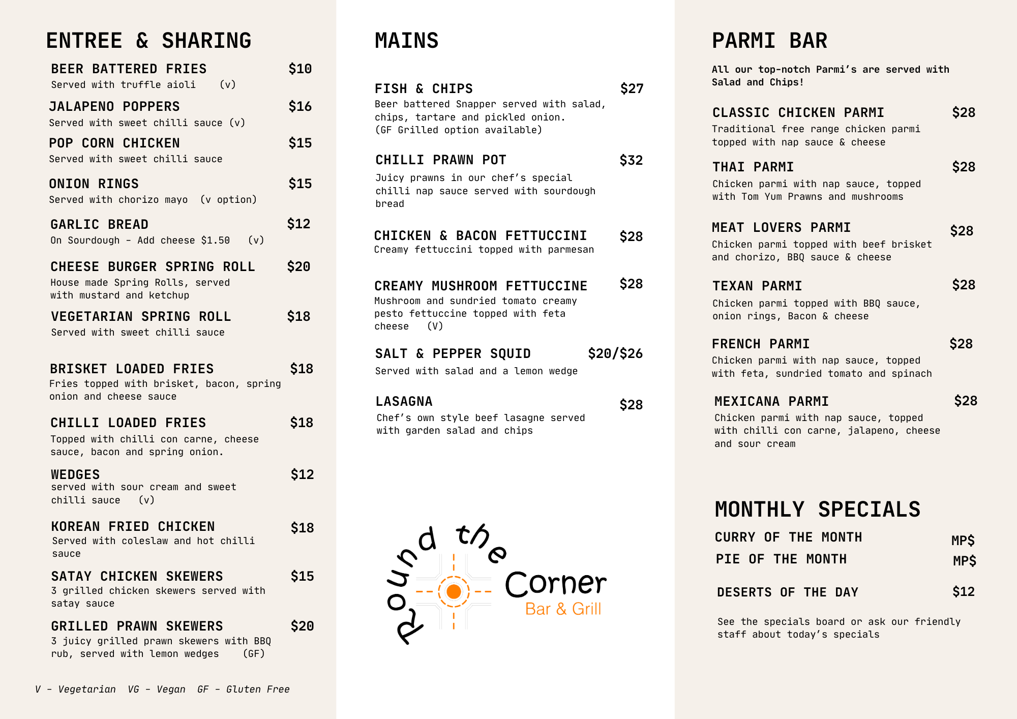 Menu — Round the Corner Bar & Grill