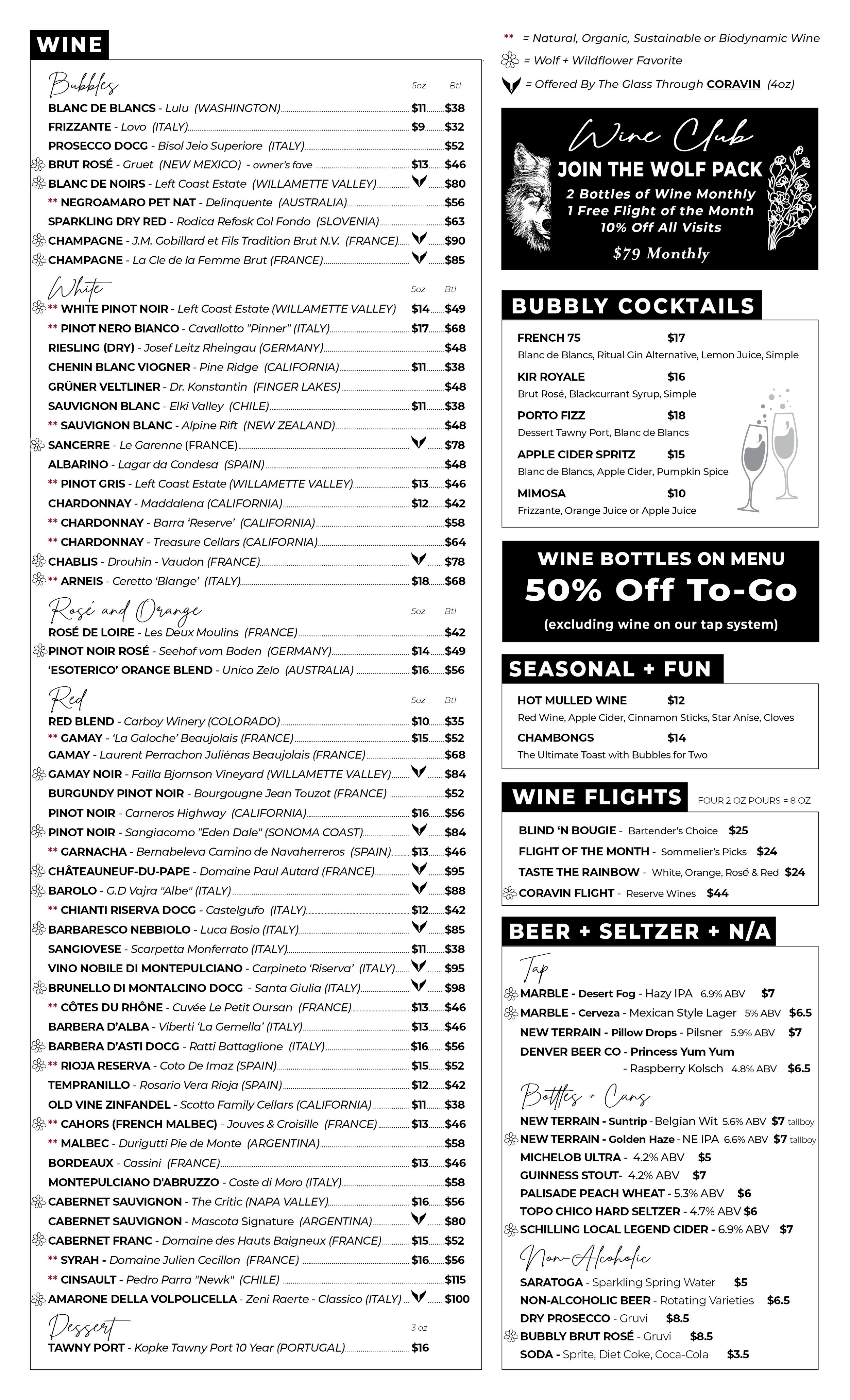 Wolf Wildflower Wine Bar Drink List With Wine Beer Seltzers wolf-wildflower-wine-bar-drink-list-with-wine-beer-seltzers