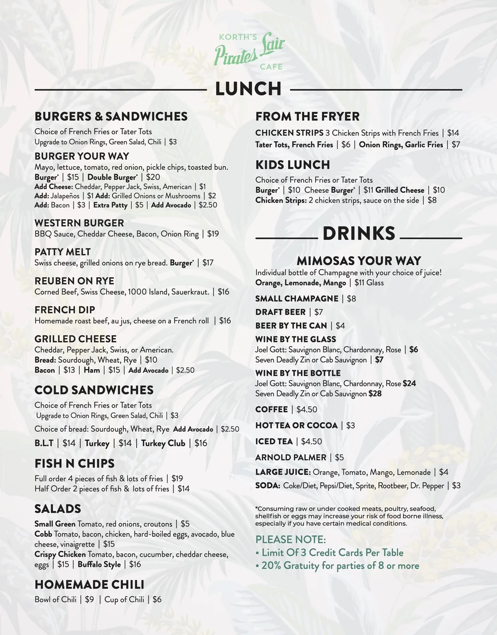 Korth's Pirates Lair Cafe Breakfast & Lunch Menu — Korth's Pirates Lair ...