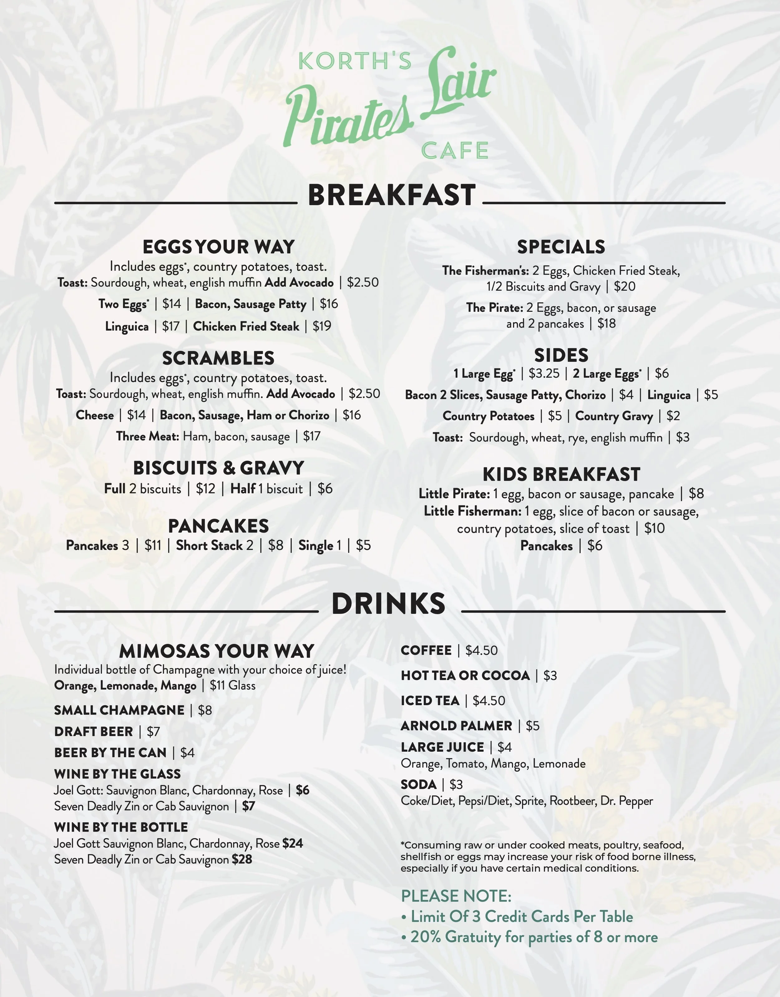 Korth's Pirates Lair Cafe Breakfast & Lunch Menu — Korth's Pirates Lair ...