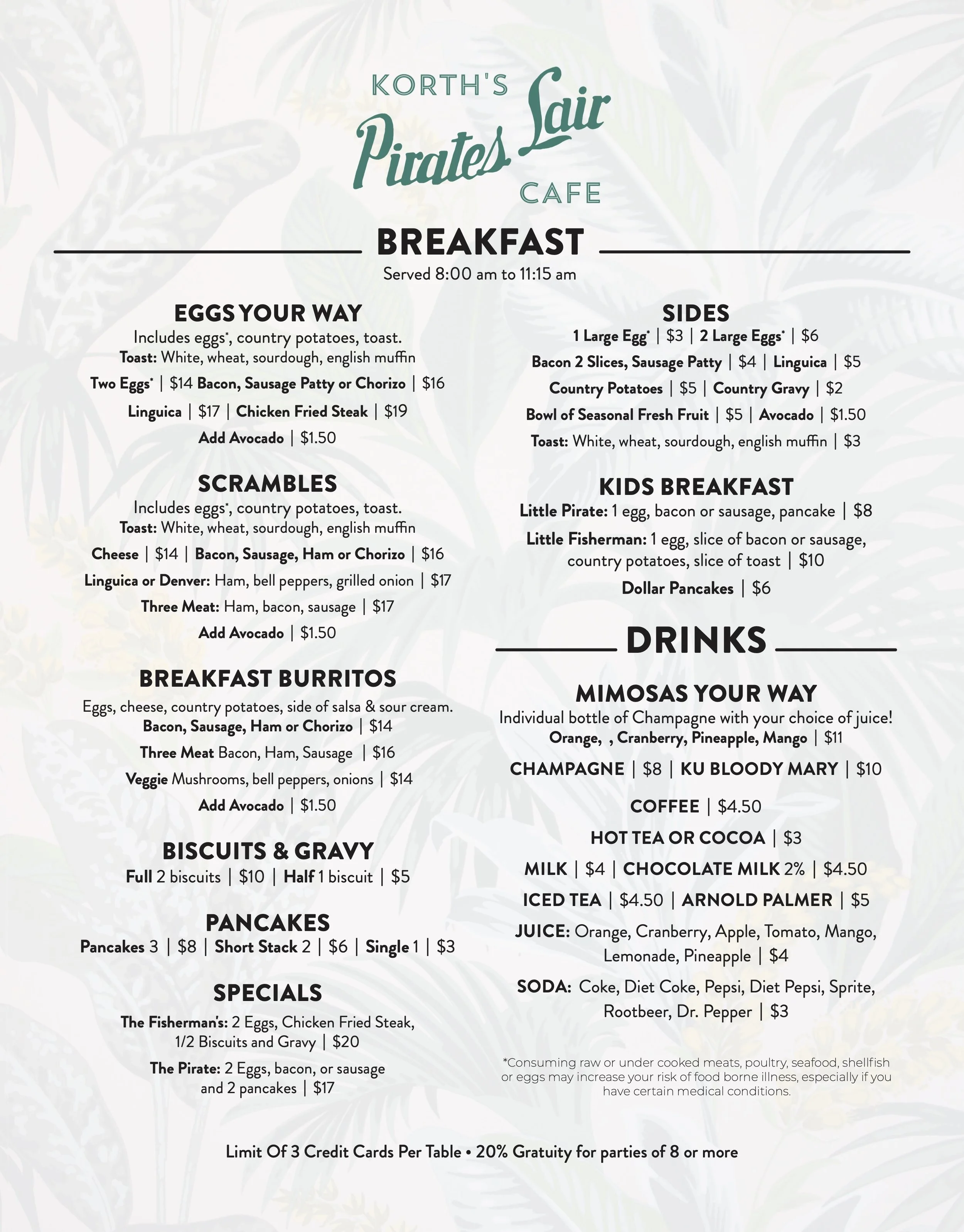 Korth's Pirates Lair Cafe Breakfast & Lunch Menu — Korth's Pirates Lair ...