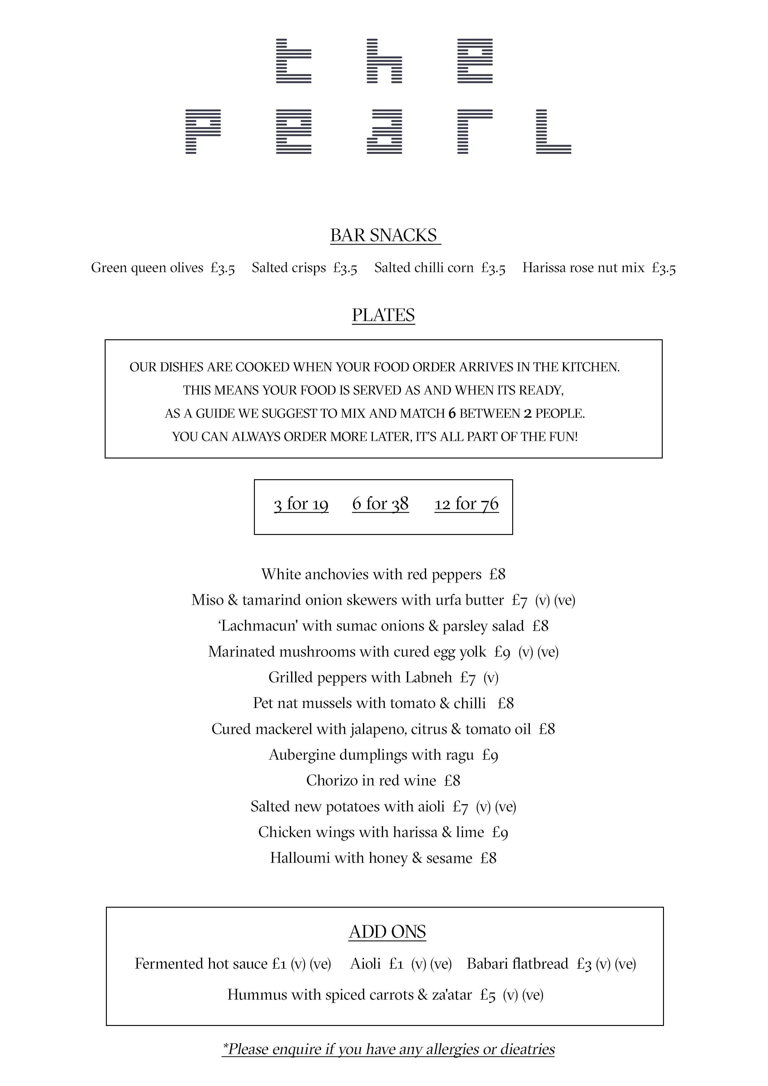 Sample Menu — Pearl at Park Hill