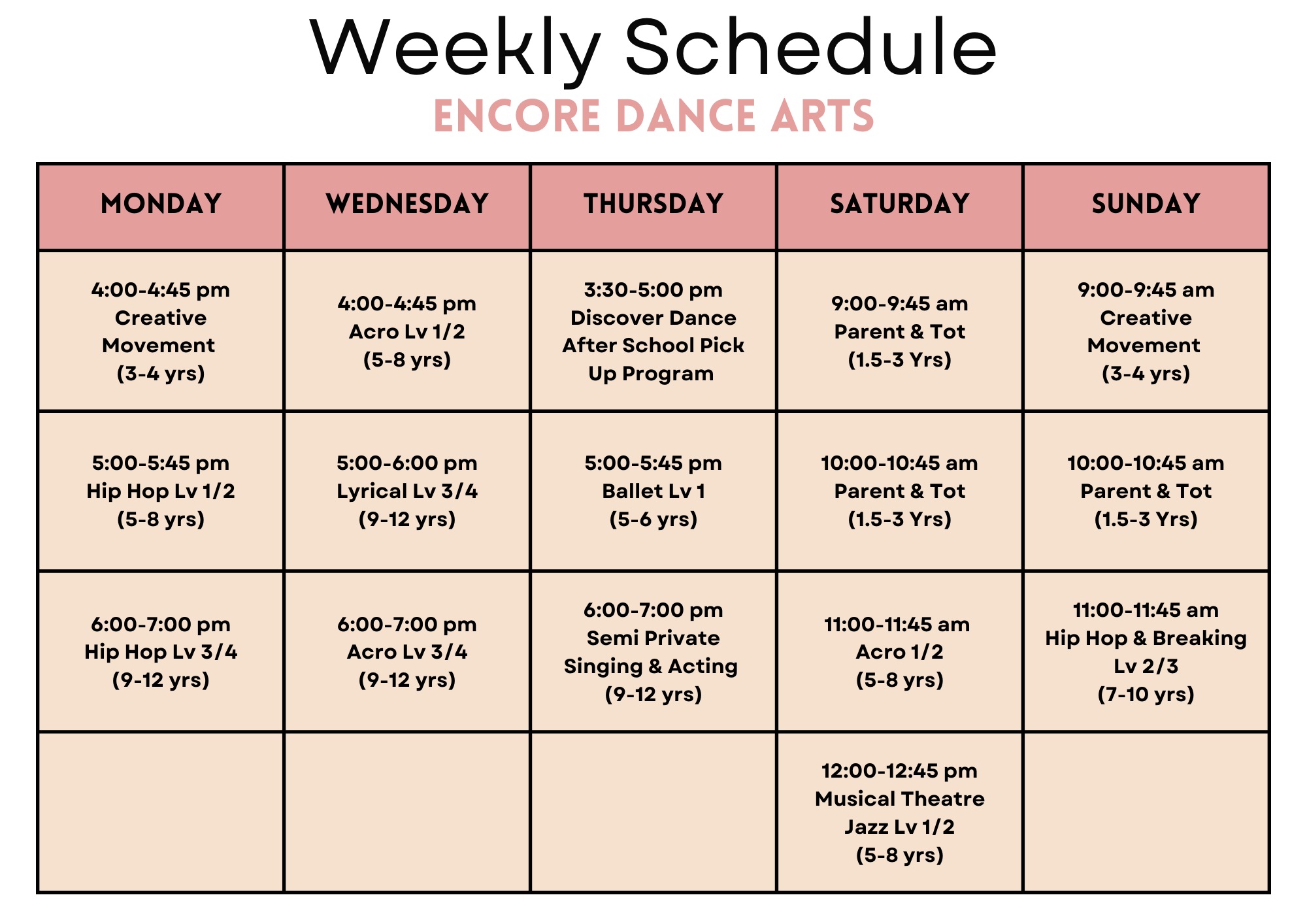 SCHEDULE — Encore Dance Arts