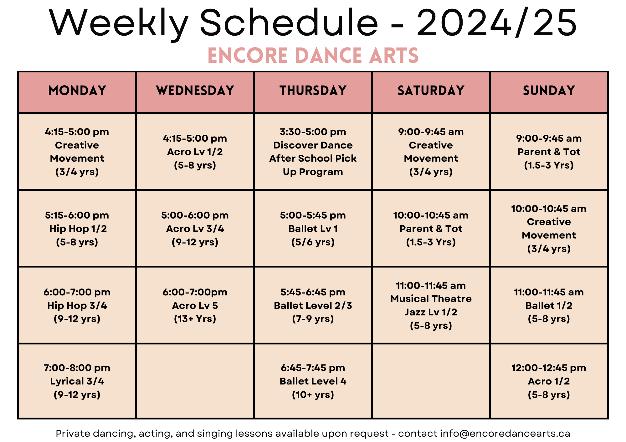 SCHEDULE — Encore Dance Arts