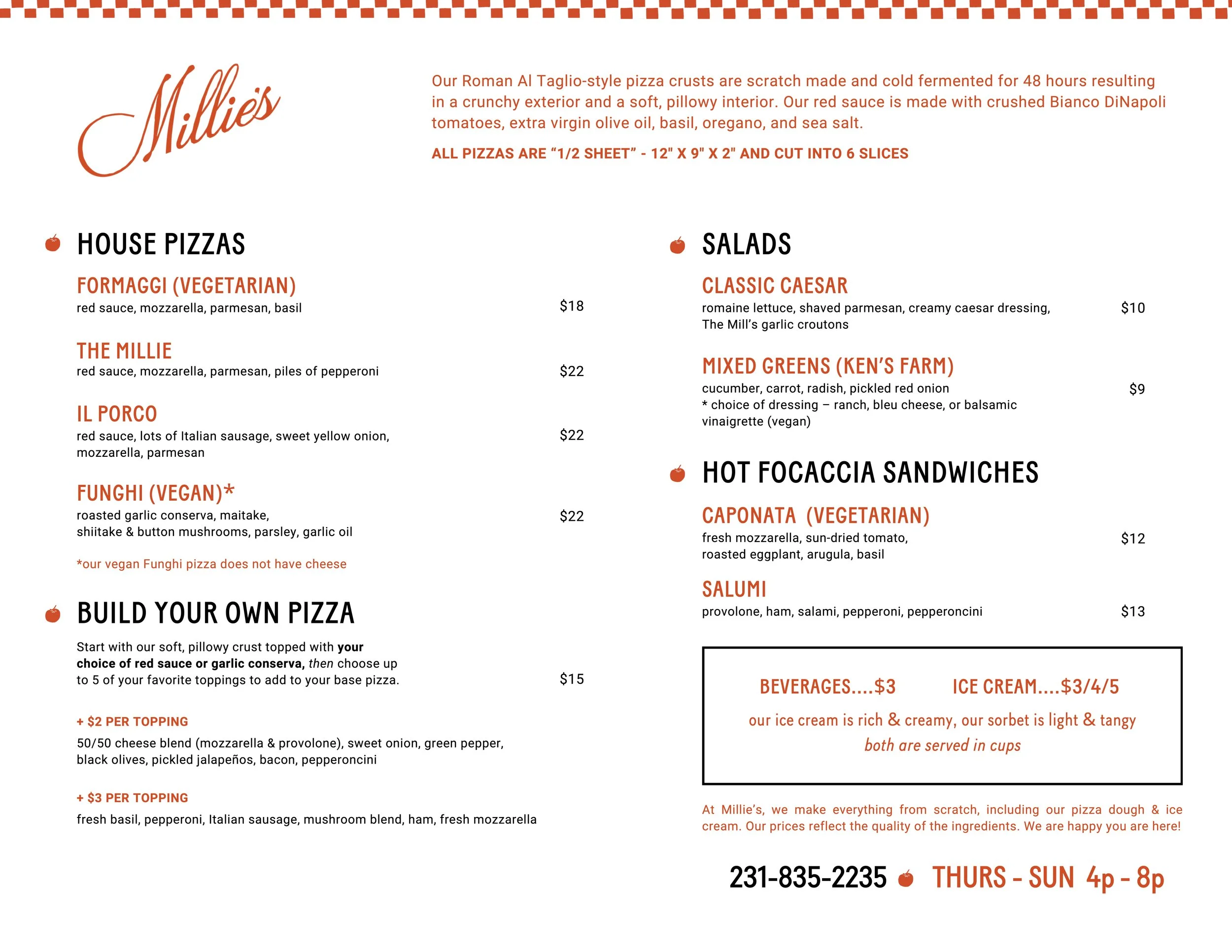 MENU — Millie's Pizza and Ice Cream