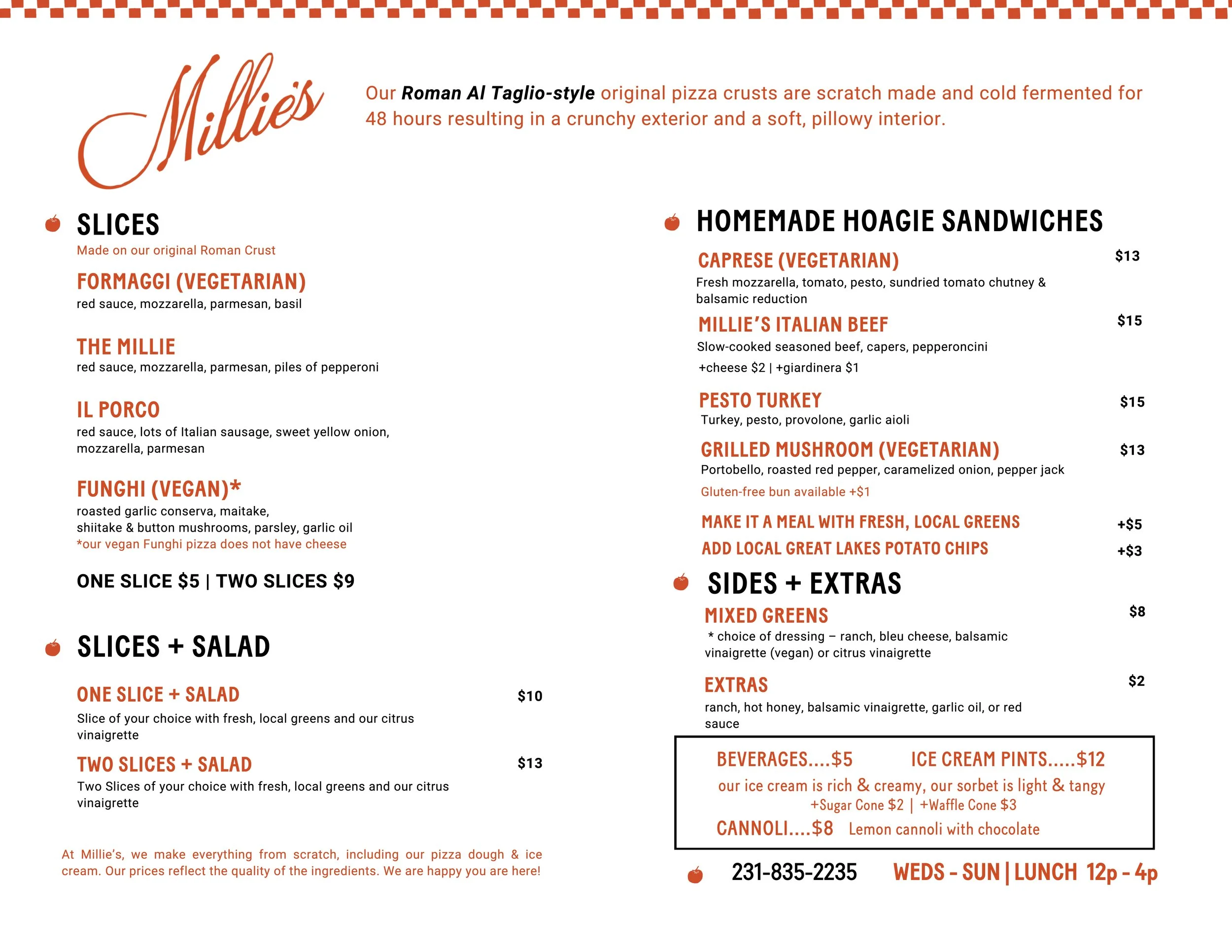 MENU — Millie's Pizza and Ice Cream