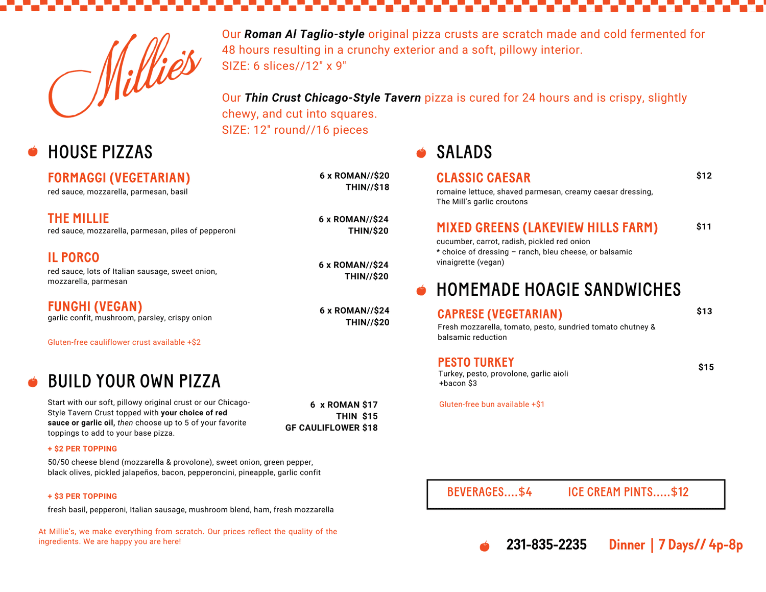 MENU — Millie's Pizza and Ice Cream