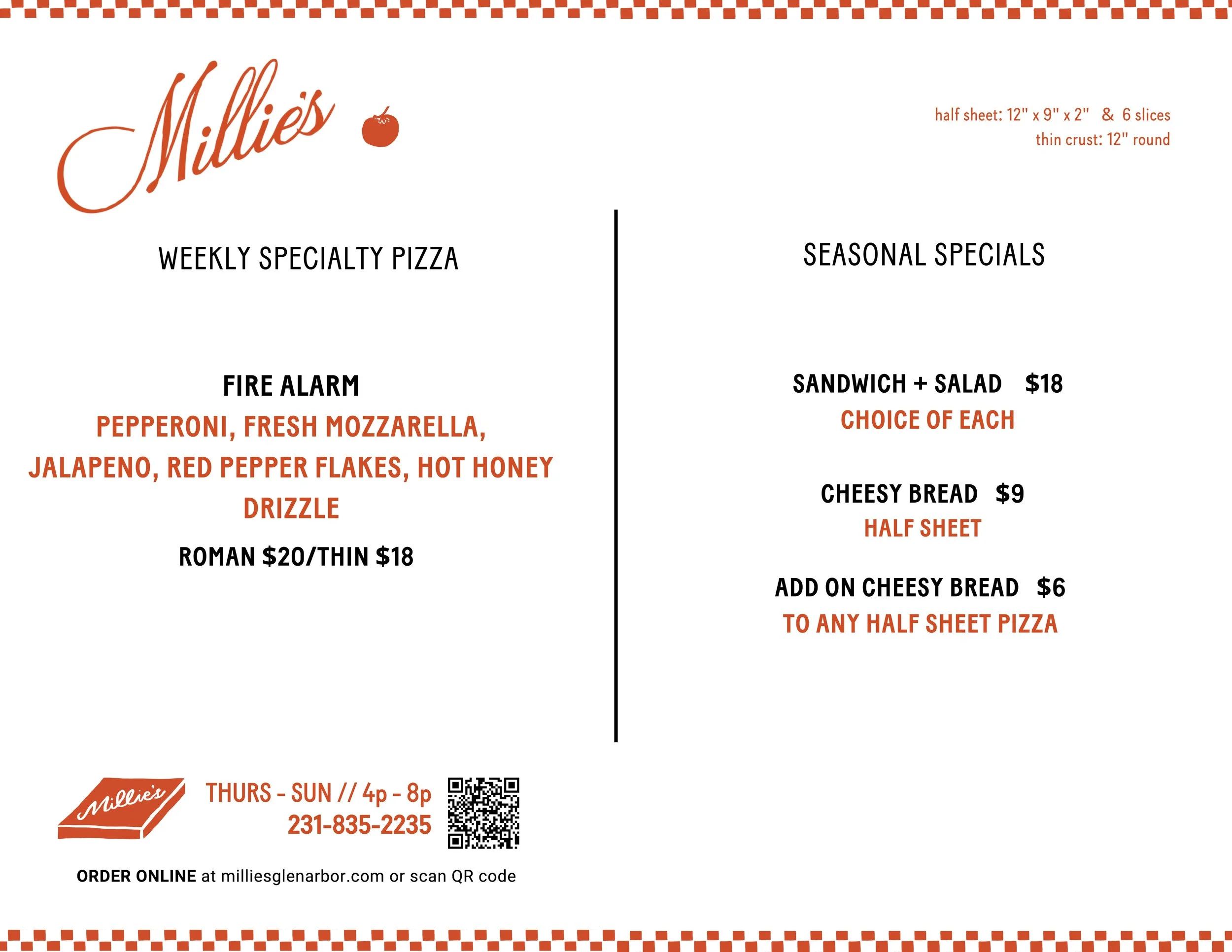MENU — Millie's Pizza and Ice Cream