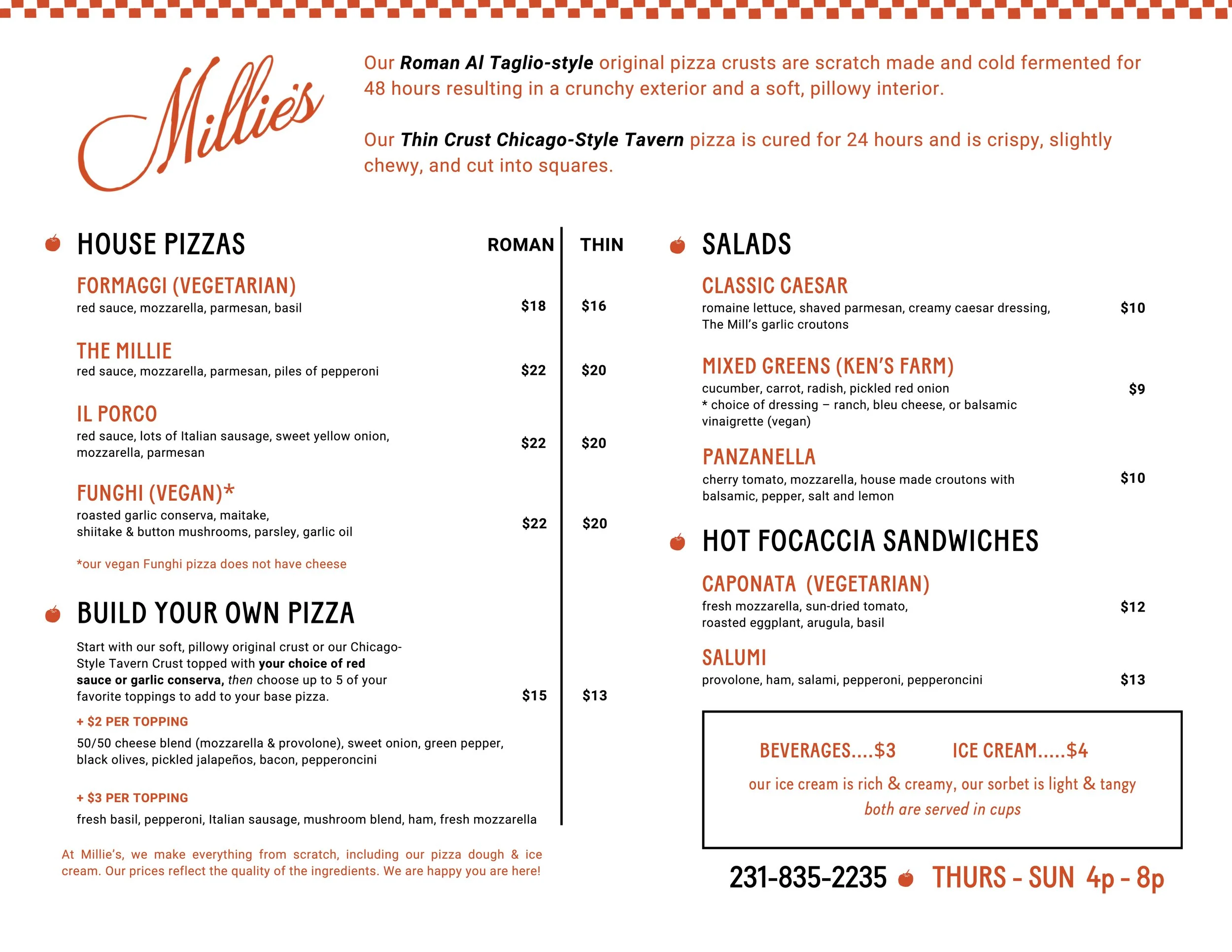 MENU — Millie's Pizza and Ice Cream
