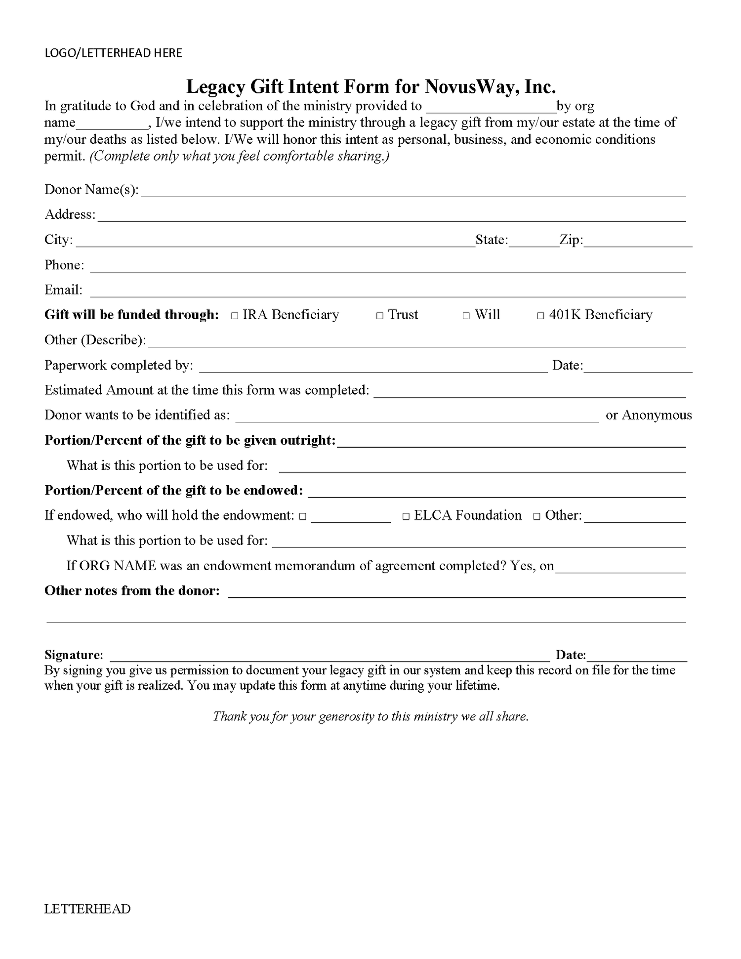 Sample Gift Intent Form for Legacy Gifts — Center for Generosity