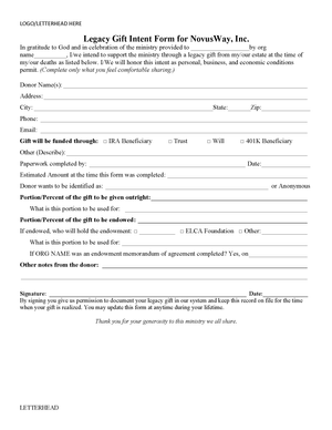 Sample Gift Intent Form for Legacy Gifts — Center for Generosity