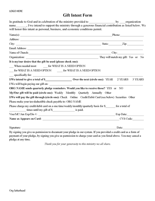 Sample Gift Intent Card — Center for Generosity