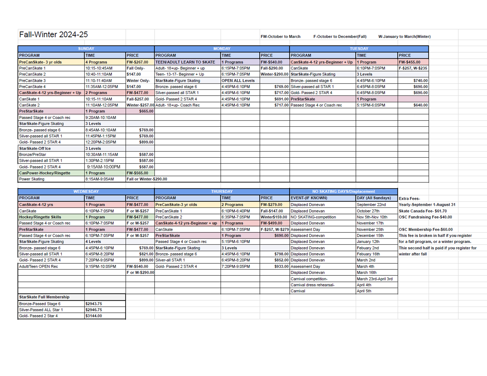 Fall + Winter Schedule — Oshawa Skating Club