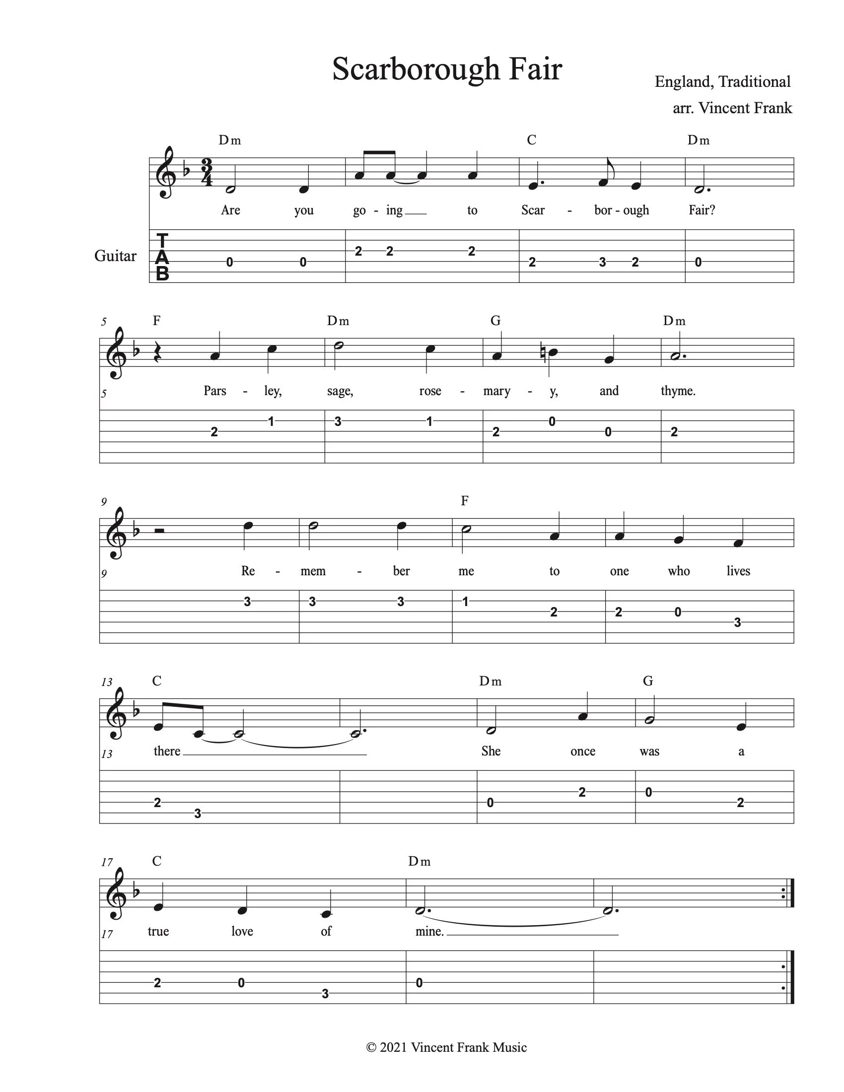 Scarborough Fair Easy Guitar TAB — Vincent Frank Music Studio