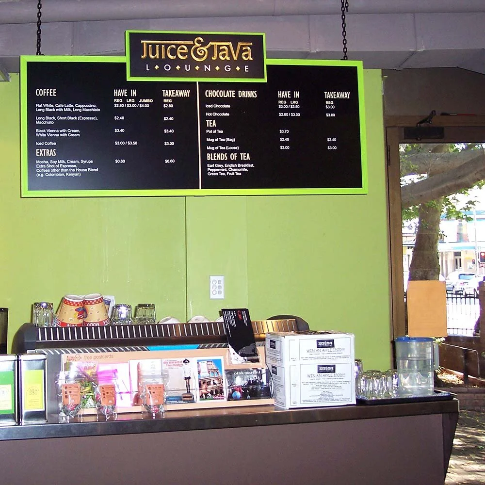 Juice & Java Cafe Sign System — Danthonia Designs