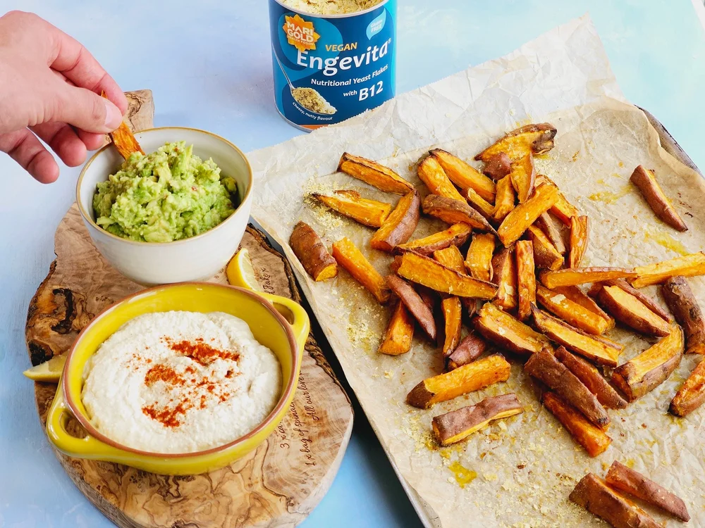 Nooched Sweet Potato Wedges with Guacamole and Hummus — Marigold Health ...