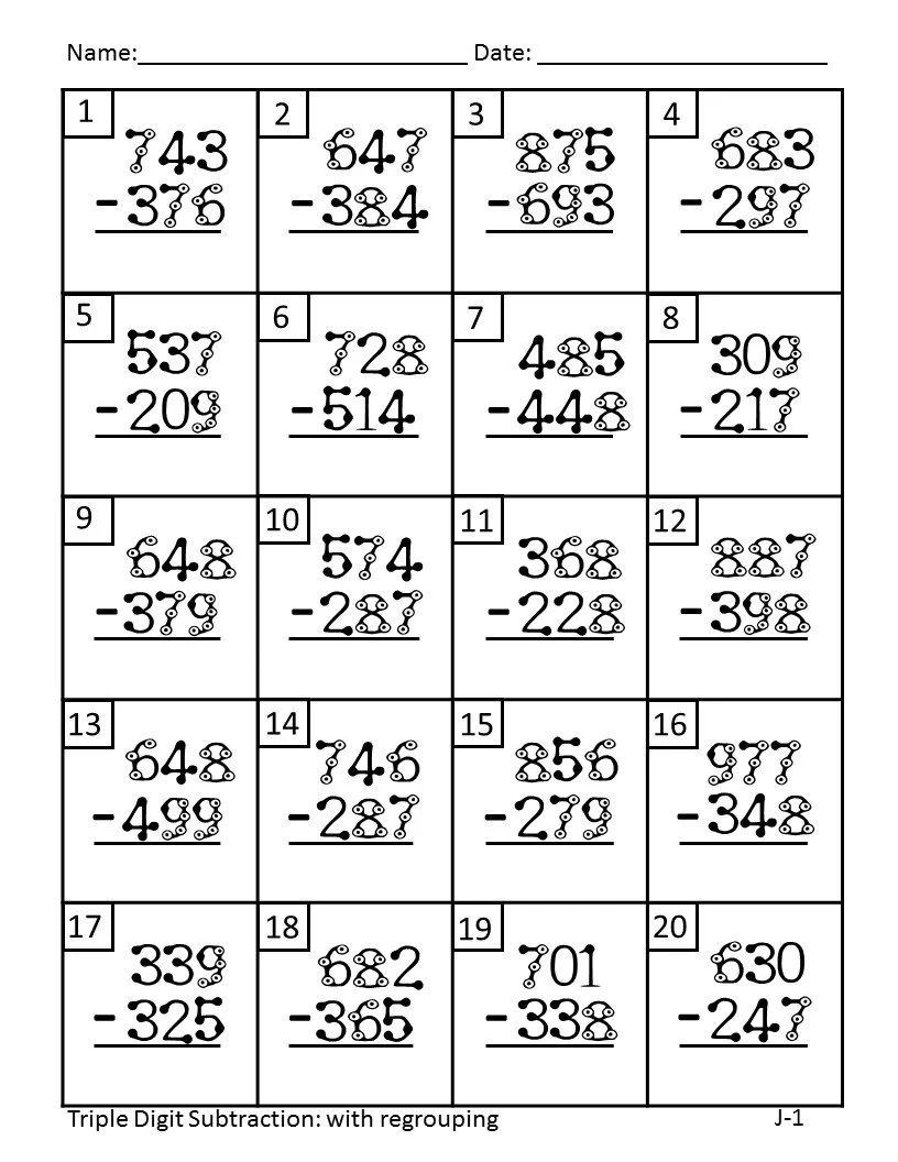Triple Digit Subtraction Worksheets Missing Digits: Subtraction