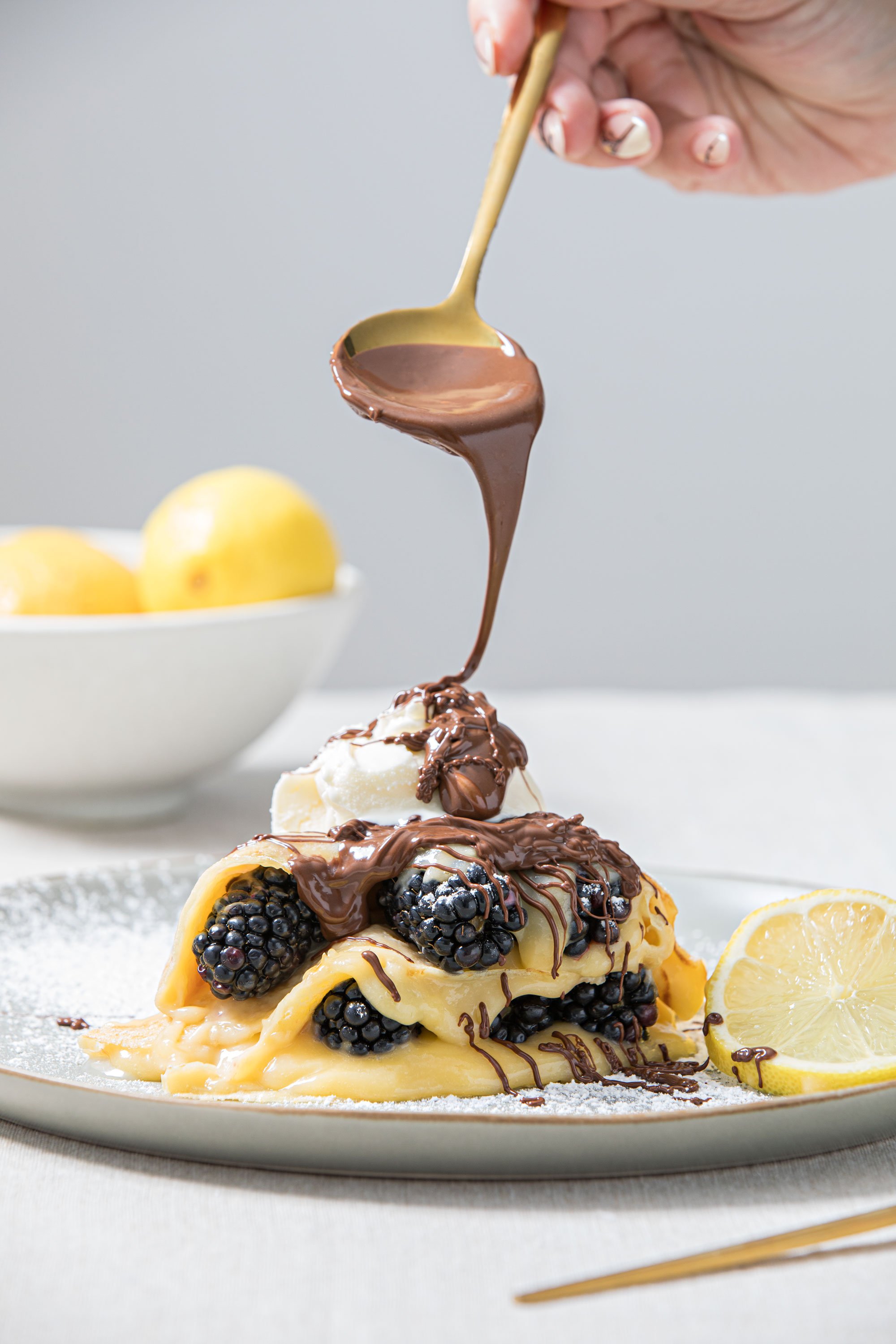 Crepes recipe with lemon curd cream and blackberries — Capture the Chef