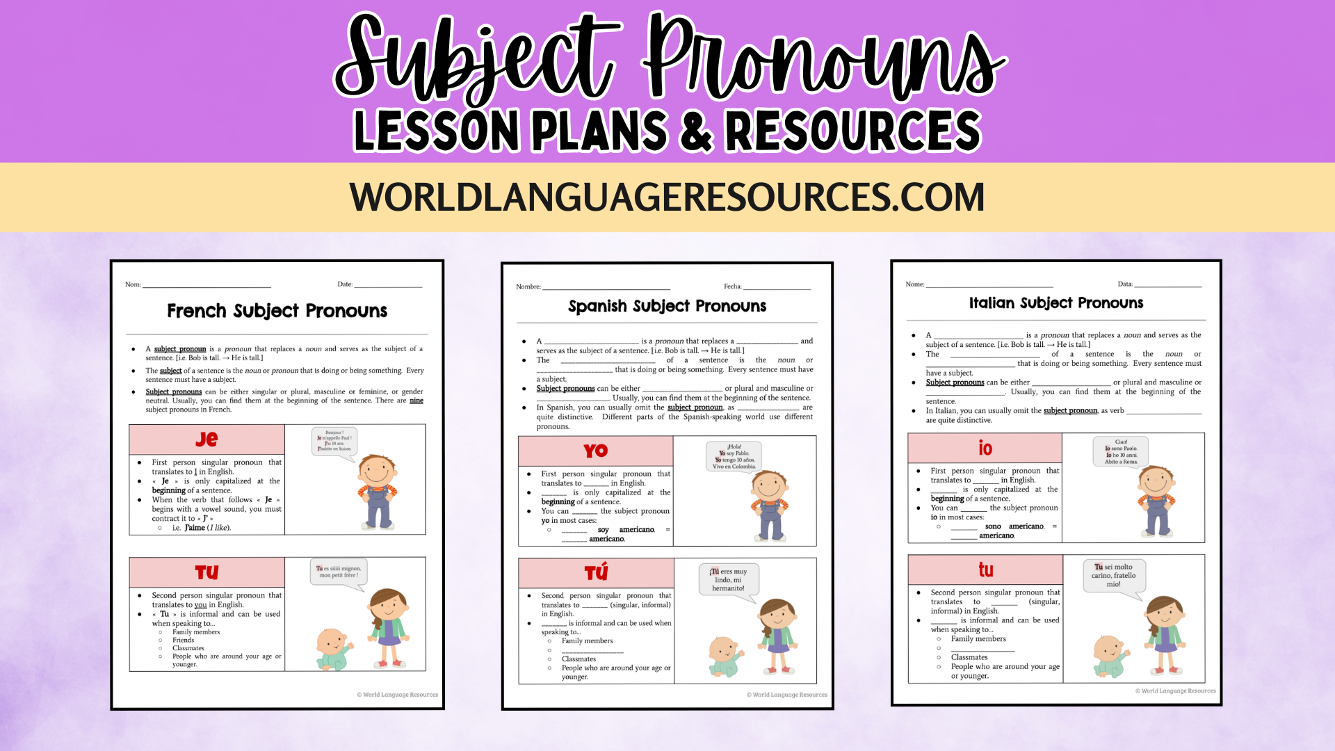 French Spanish Italian Subject Pronouns — World Language Resources