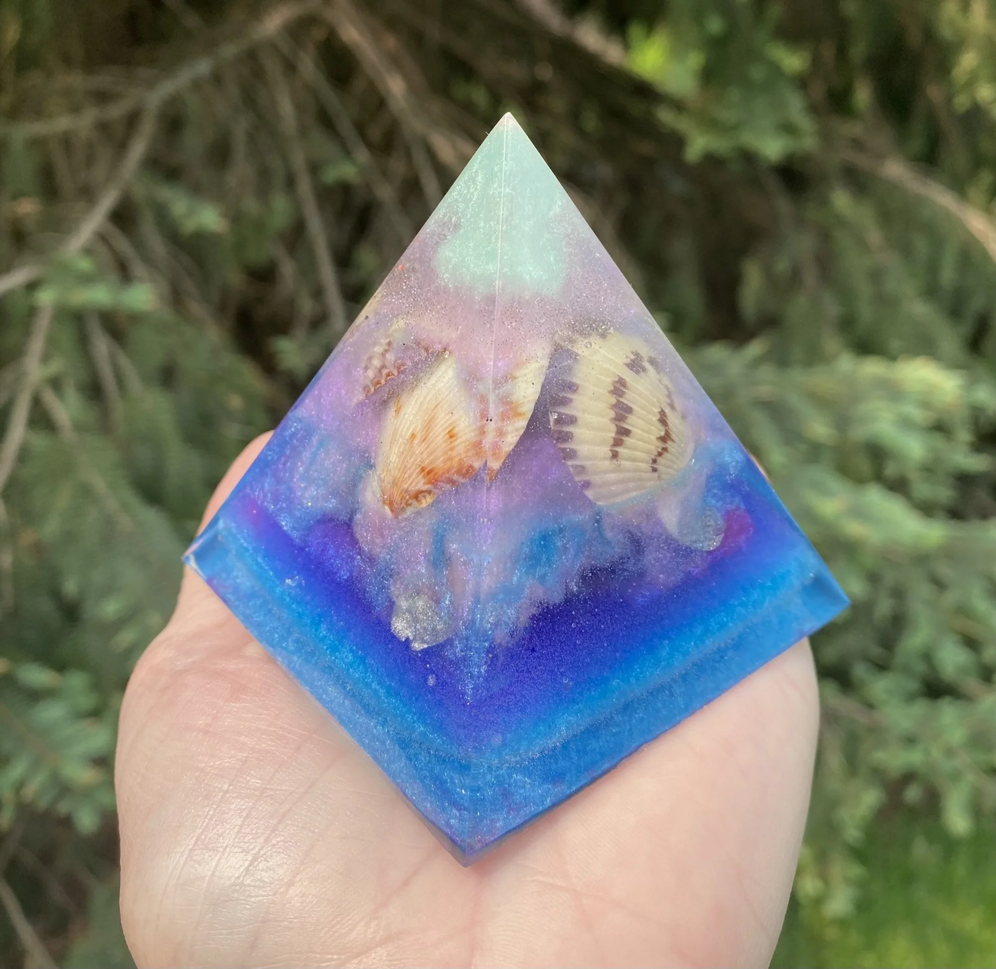 Resin Pyramid, Glow with Seashells, Purple, Turquoise, Ocean Art ...