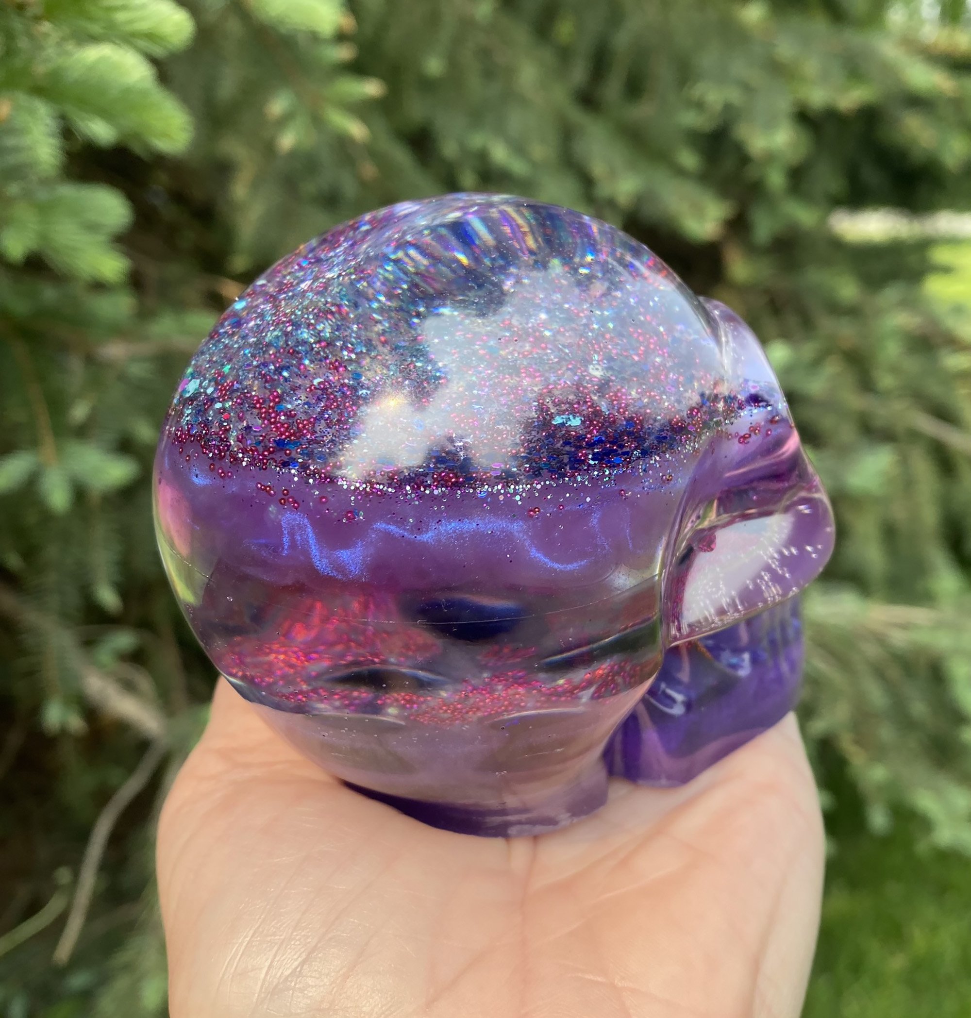 Large Resin Skull, Glow in the dark purple sparkles — Spirit Dichotomy