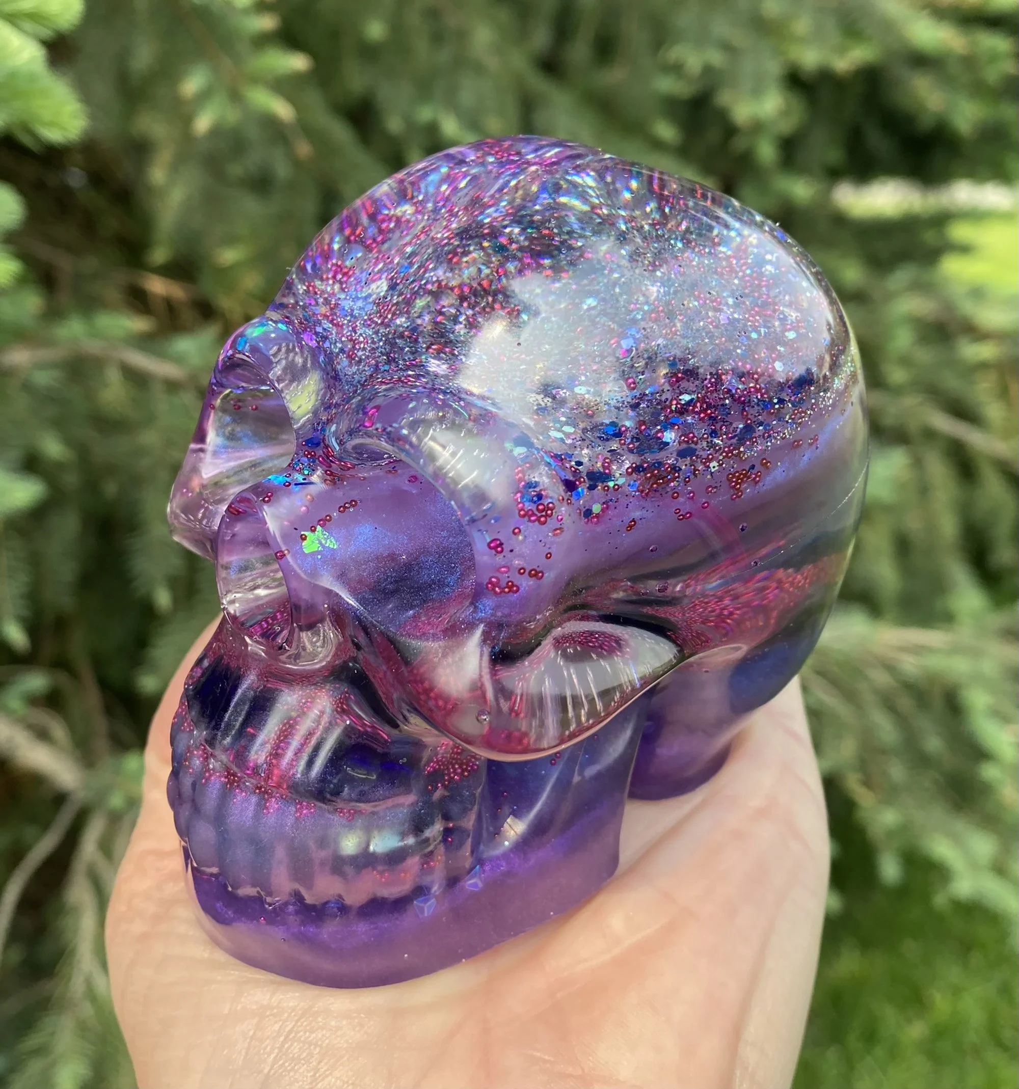 Large Resin Skull, Glow in the dark purple sparkles — Spirit Dichotomy