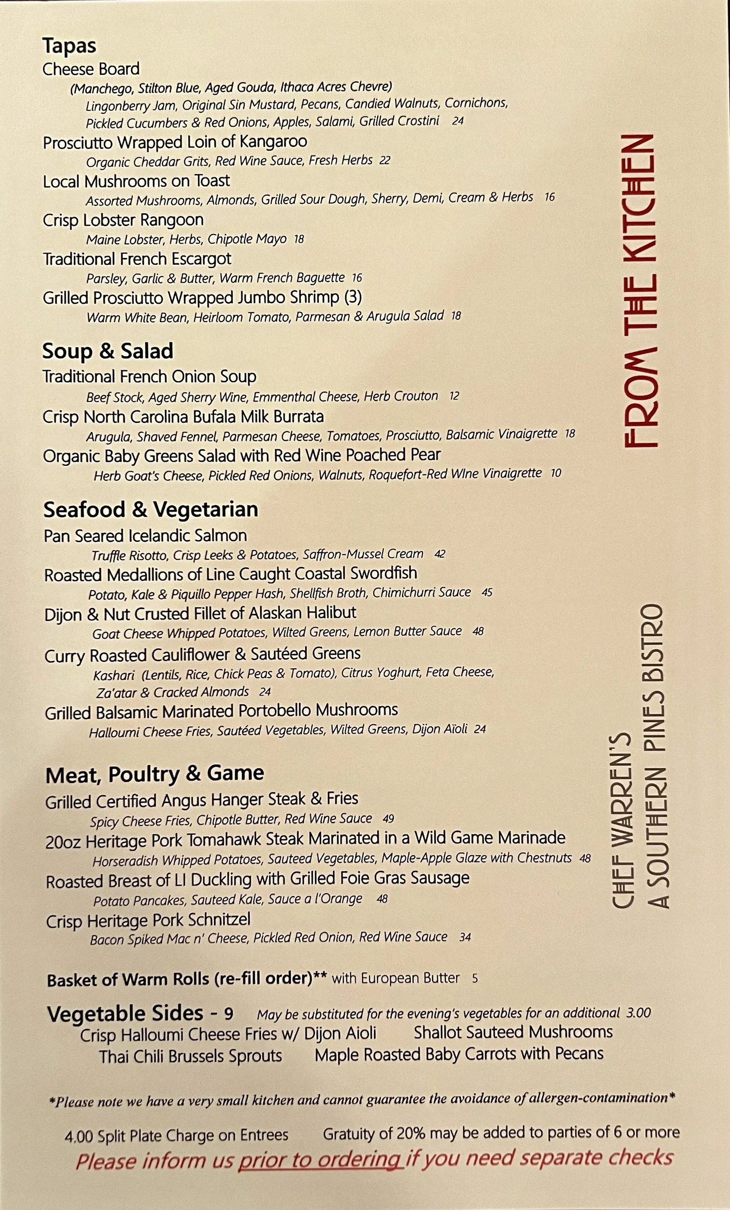 Dinner Menu — Chef Warren's
