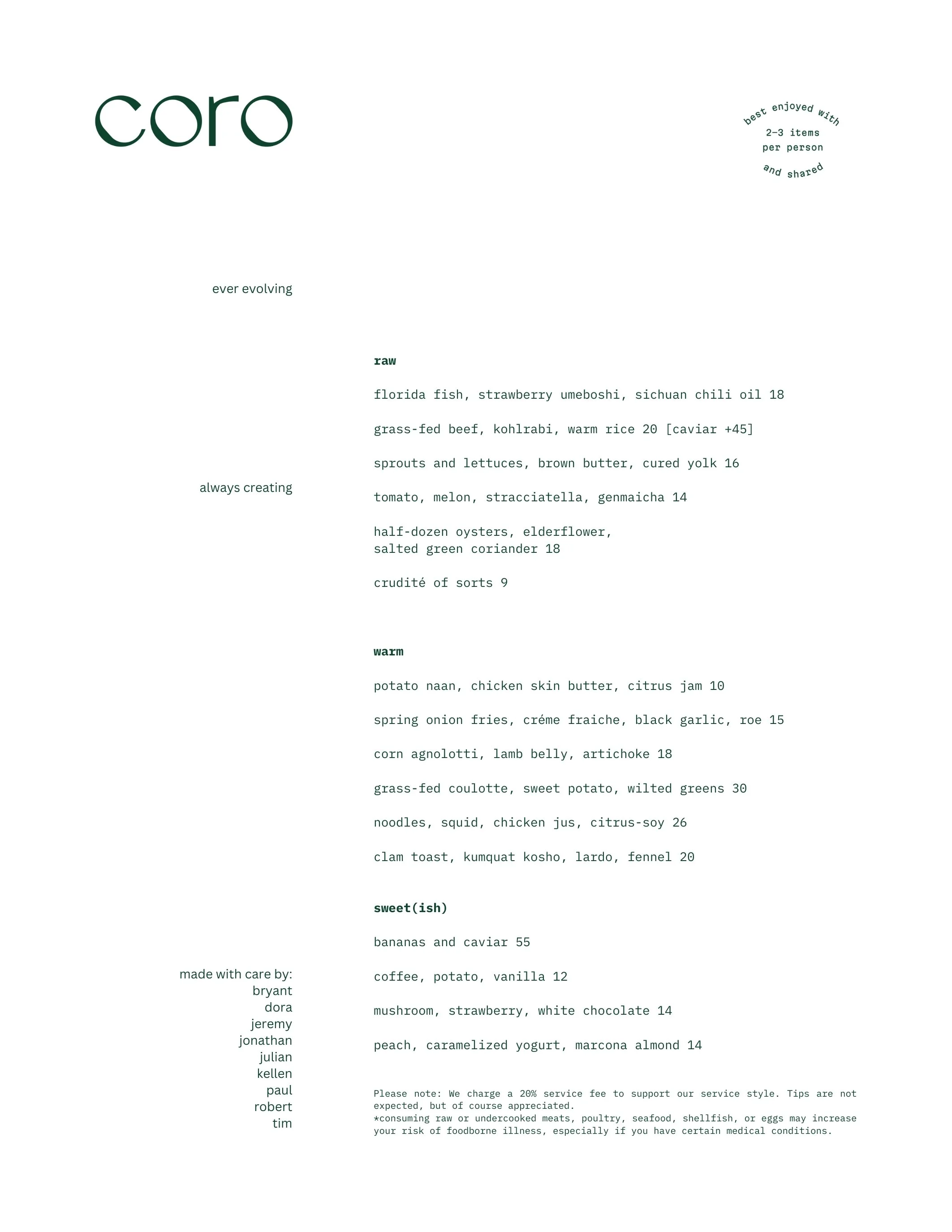 Menu — coro