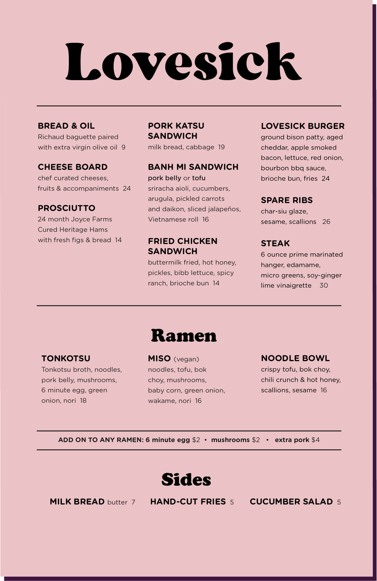 Lovesick Menus